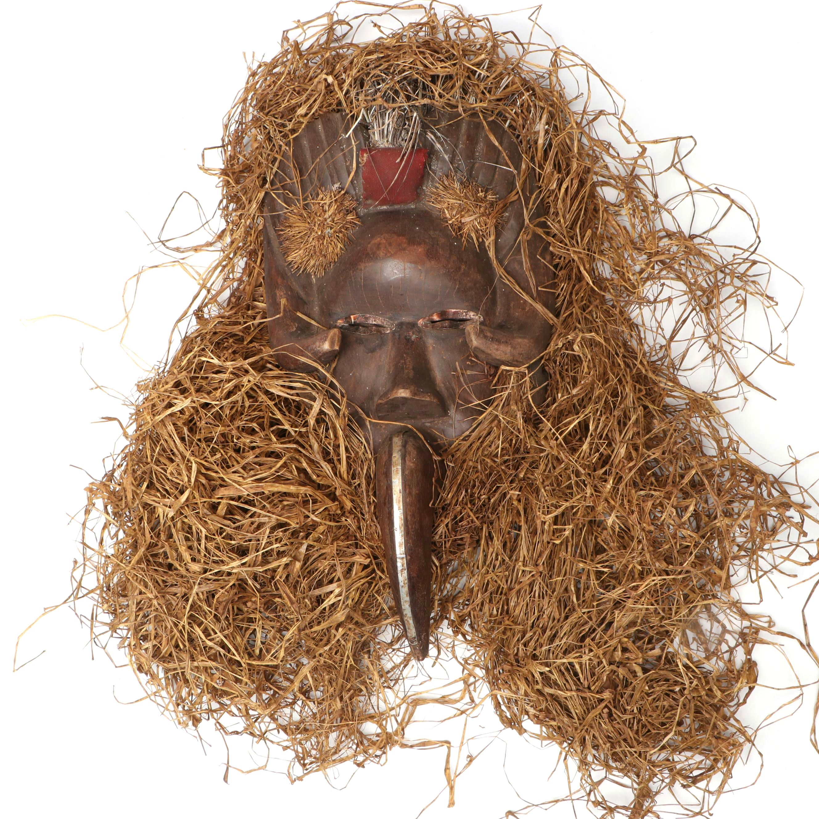 West African Dan Peoples Raffia and Carved Wood Mask | EBTH
