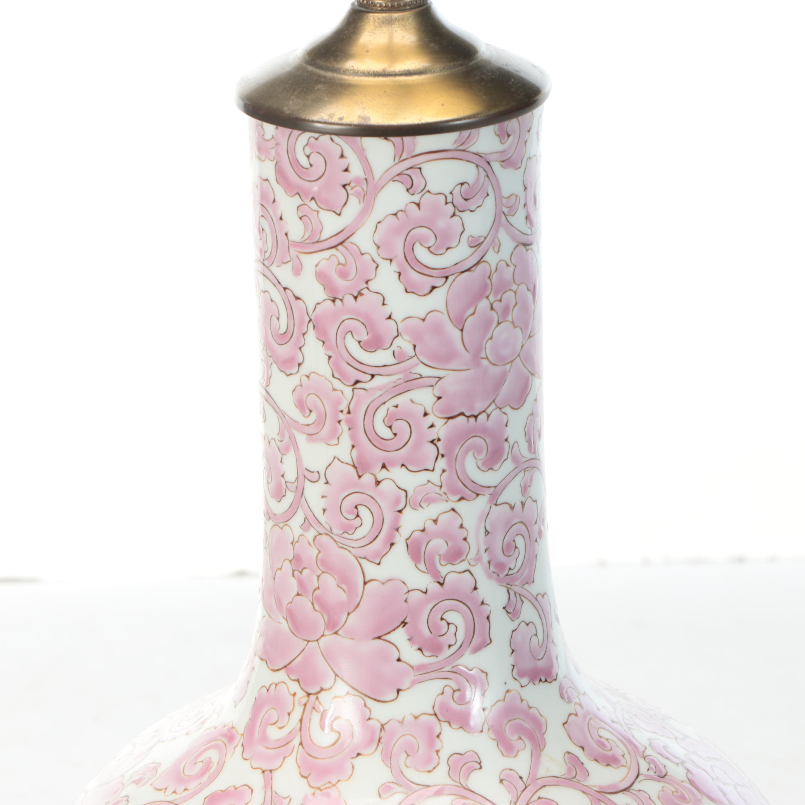 Chinese Porcelain Pink and White Peonies and Vine Table Lamp | EBTH