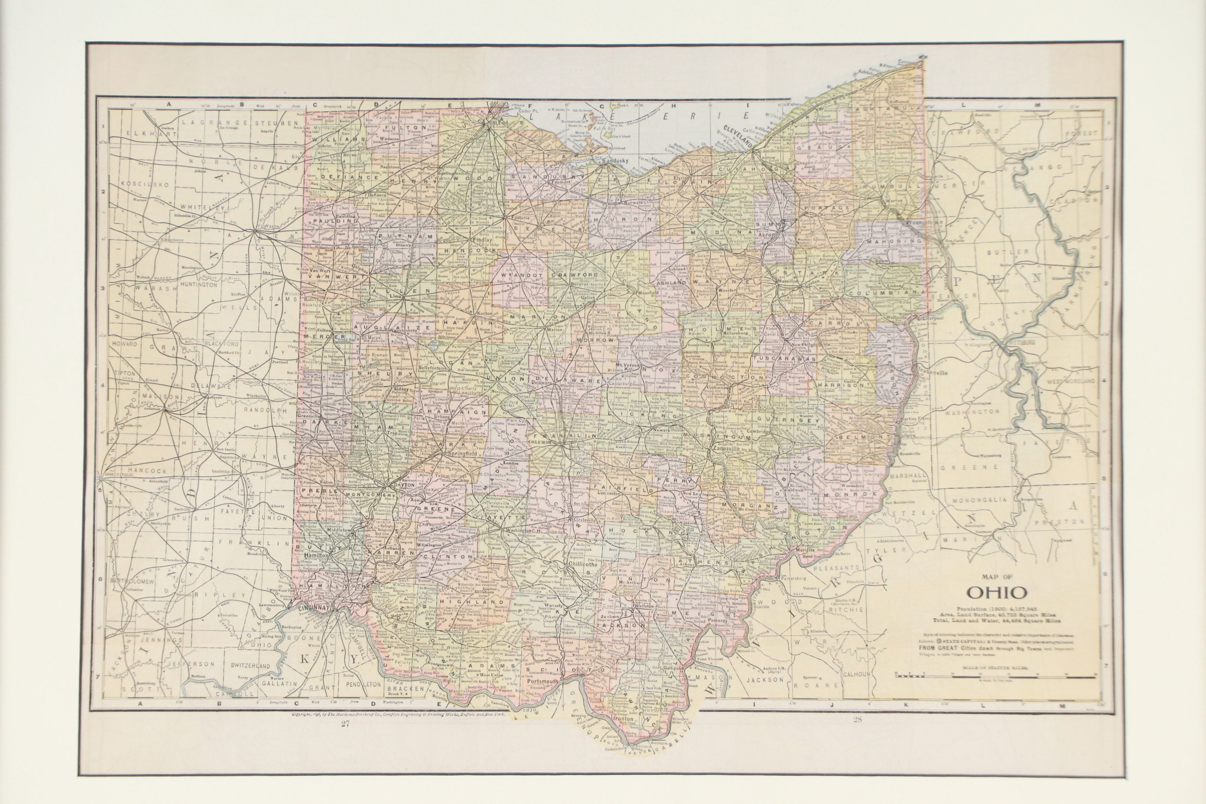 The Matthews-Northrup Co. Hand-Colored Engraving "Map of Ohio," 1898 | EBTH