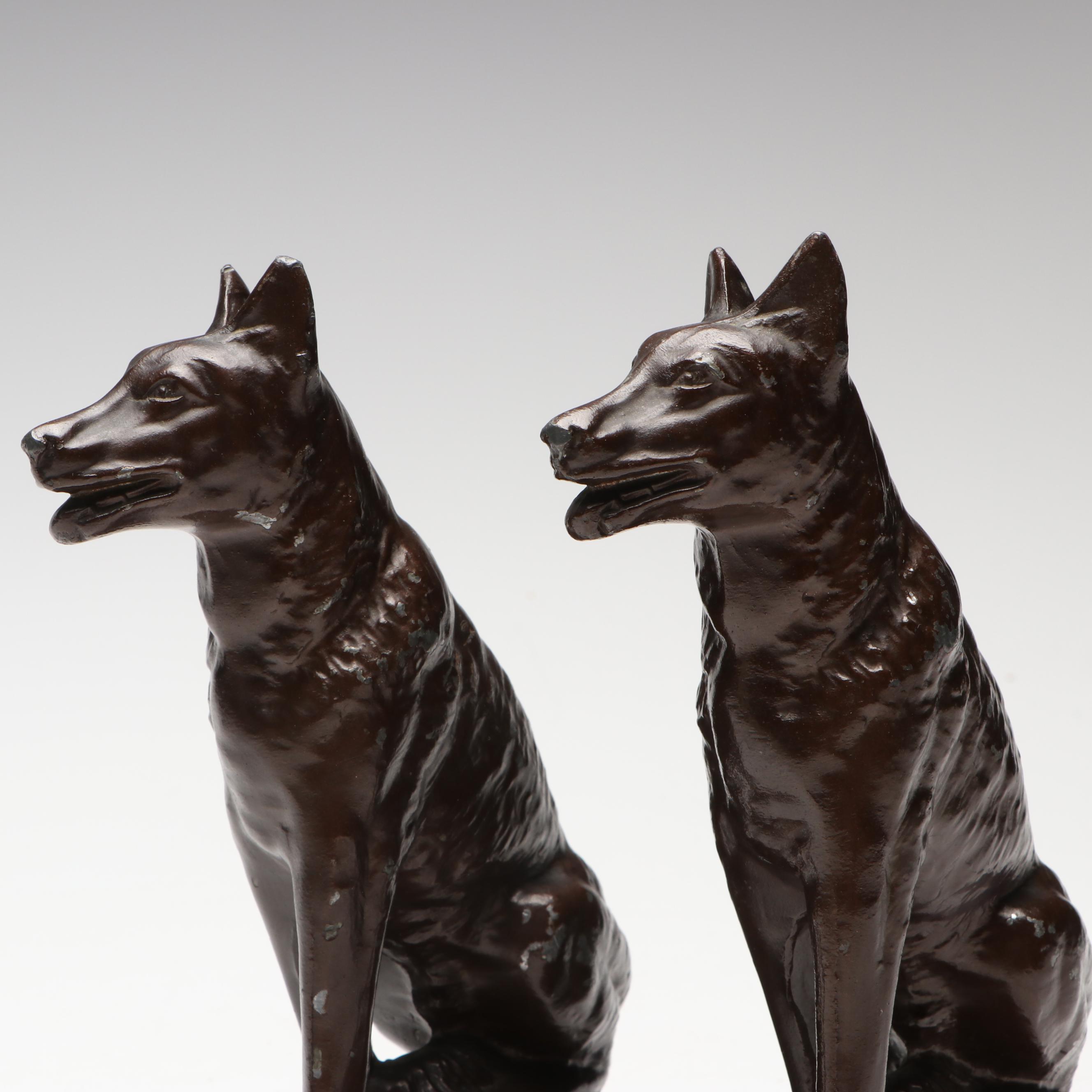 Bronzed Metal German Shepherd Bookends, Mid-20th Century | EBTH