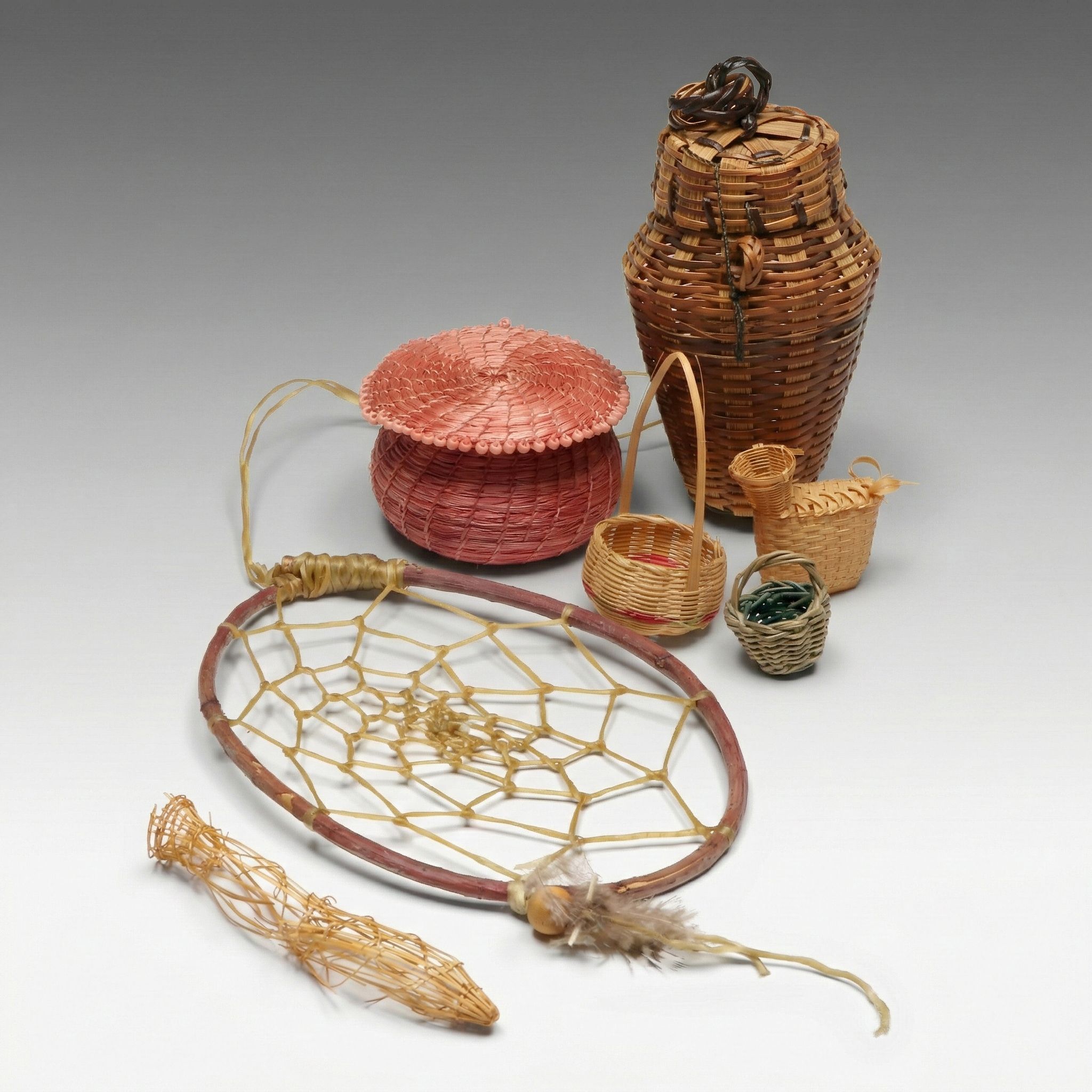 Indigenous Sinew Dreamcatcher with Other Miniature Plant Fiber Basketry ...