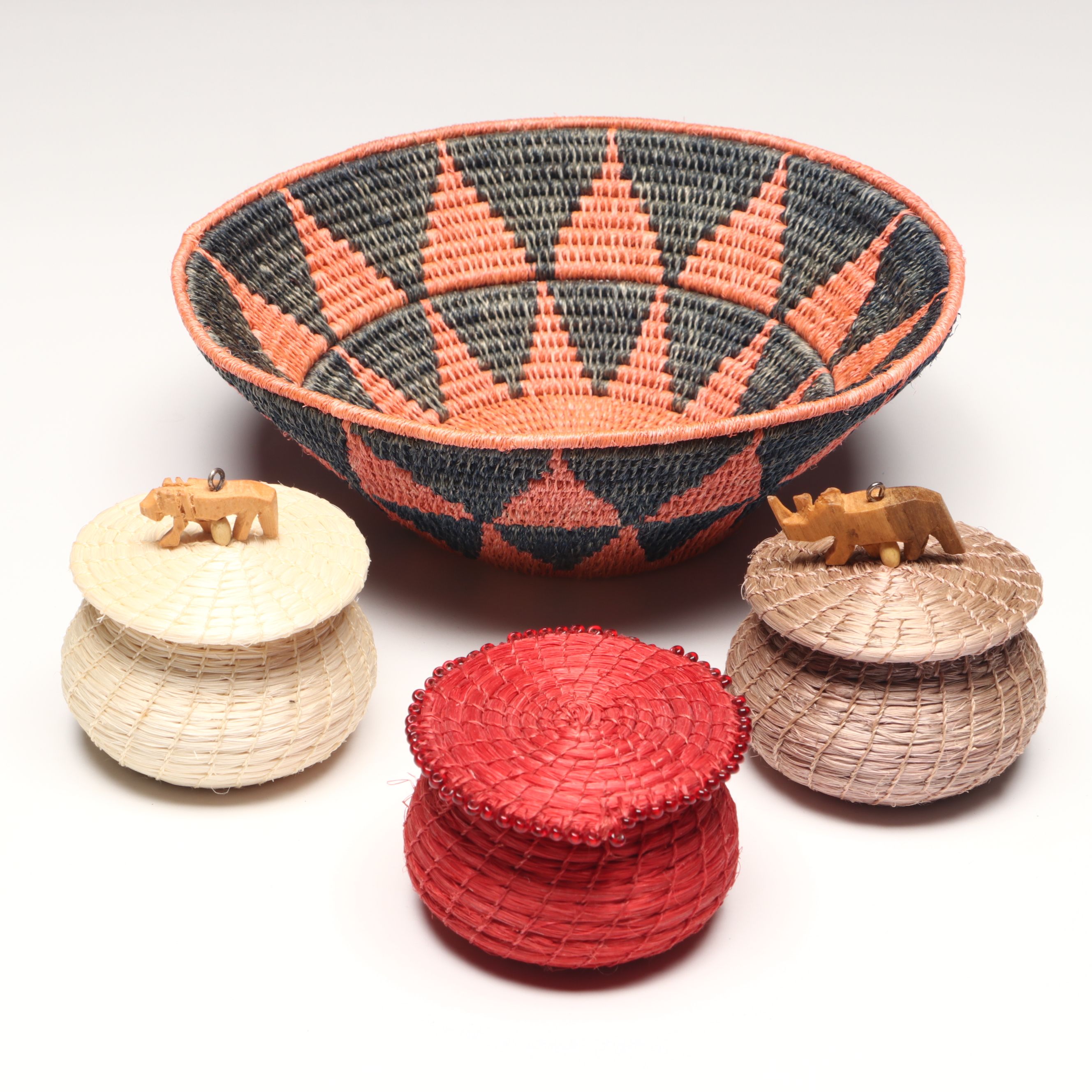 Eswatini Sisal Fiber Basket and Miniature Vessels Decorated with Wood ...