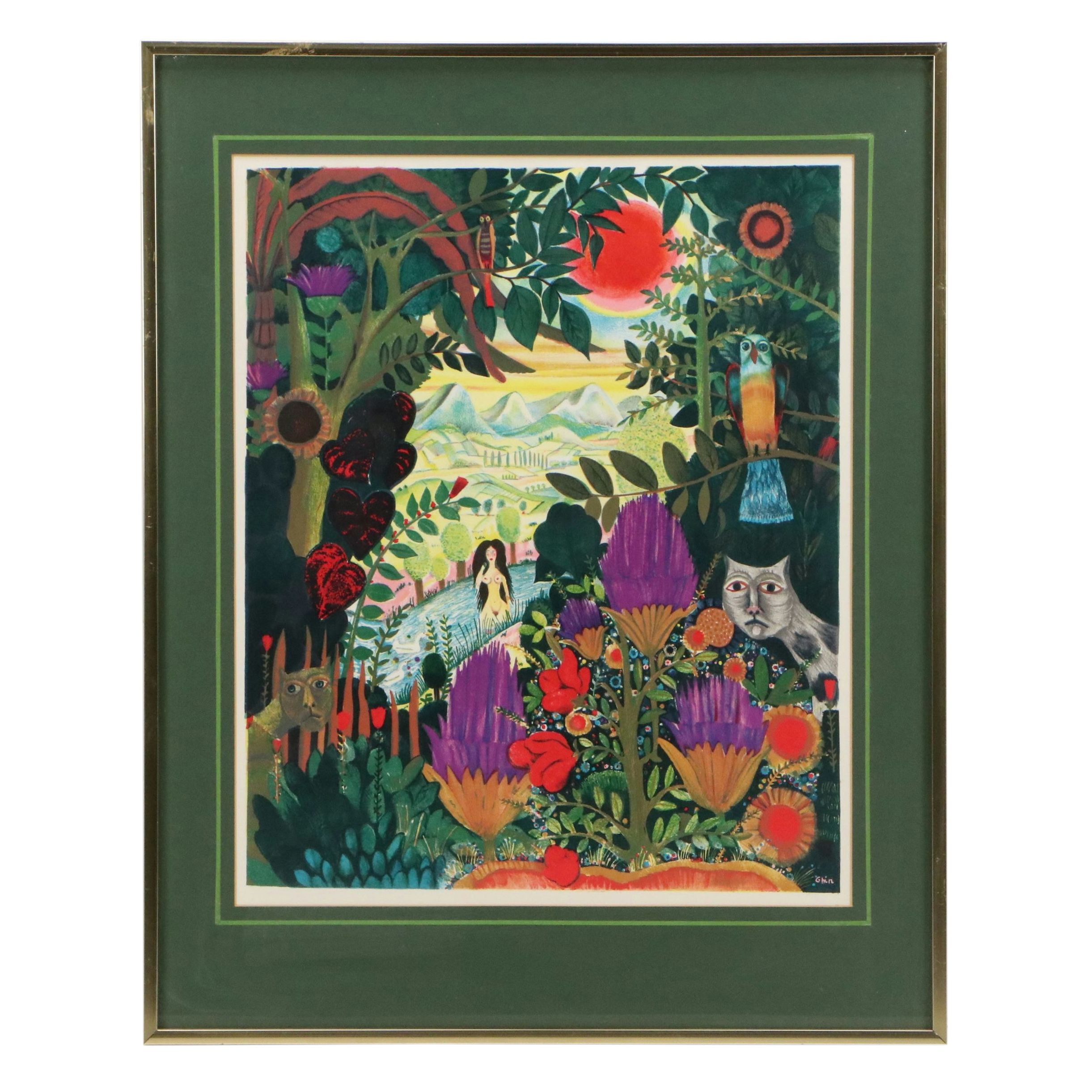 Color Lithograph After Joseph Ghin of Stylized Forest Scene, 20th ...