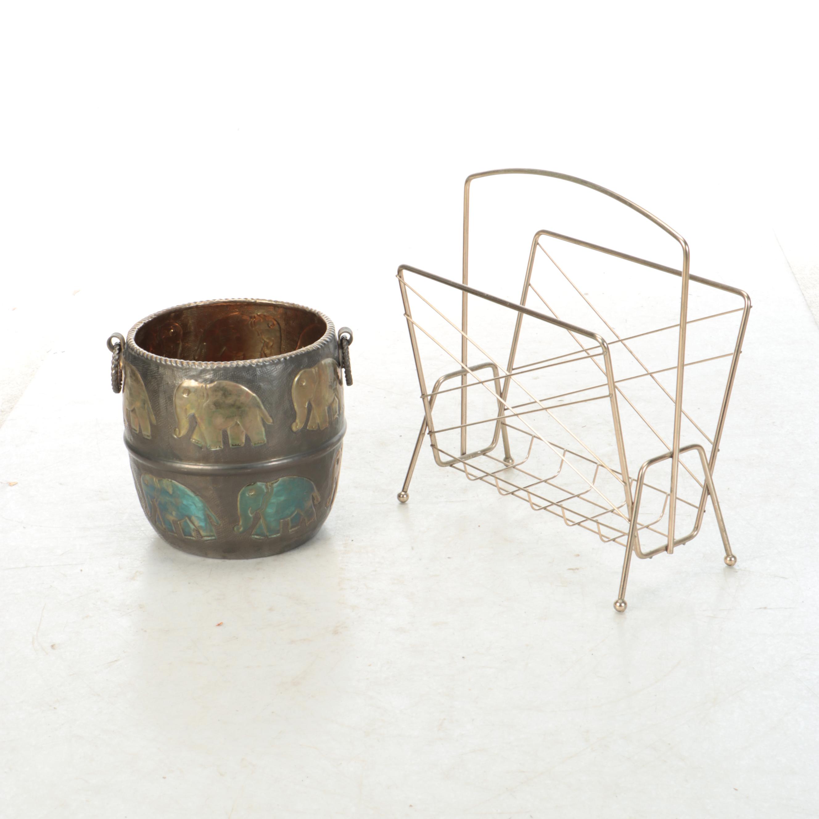 MCM Brass Finish Magazine Rack with Elephant Pattern Brass Waste Bin | EBTH