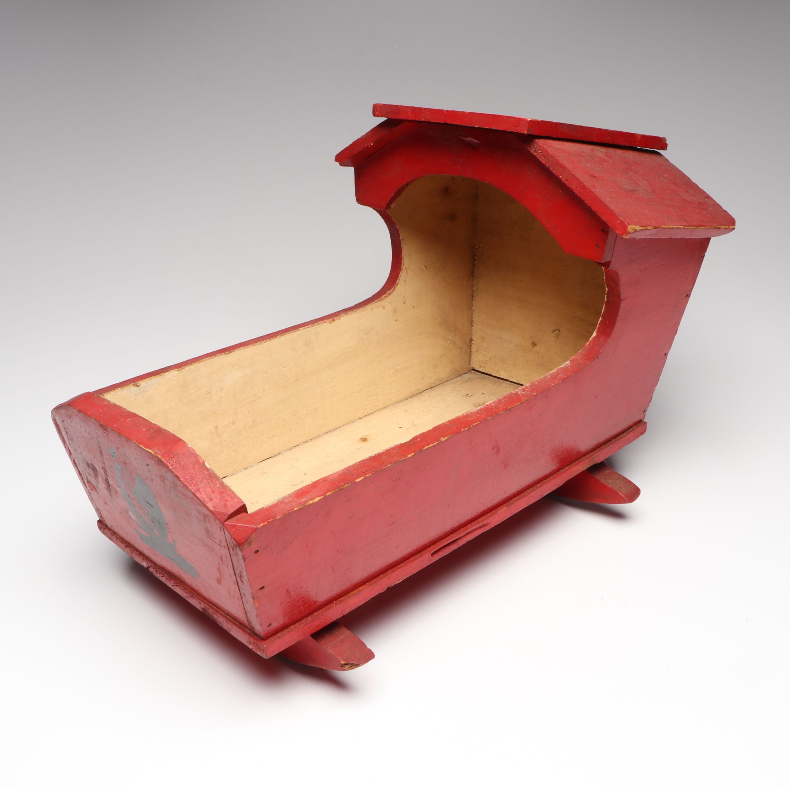 Hand-Painted Red Doll Cradle with Ship Design, 20th Century | EBTH