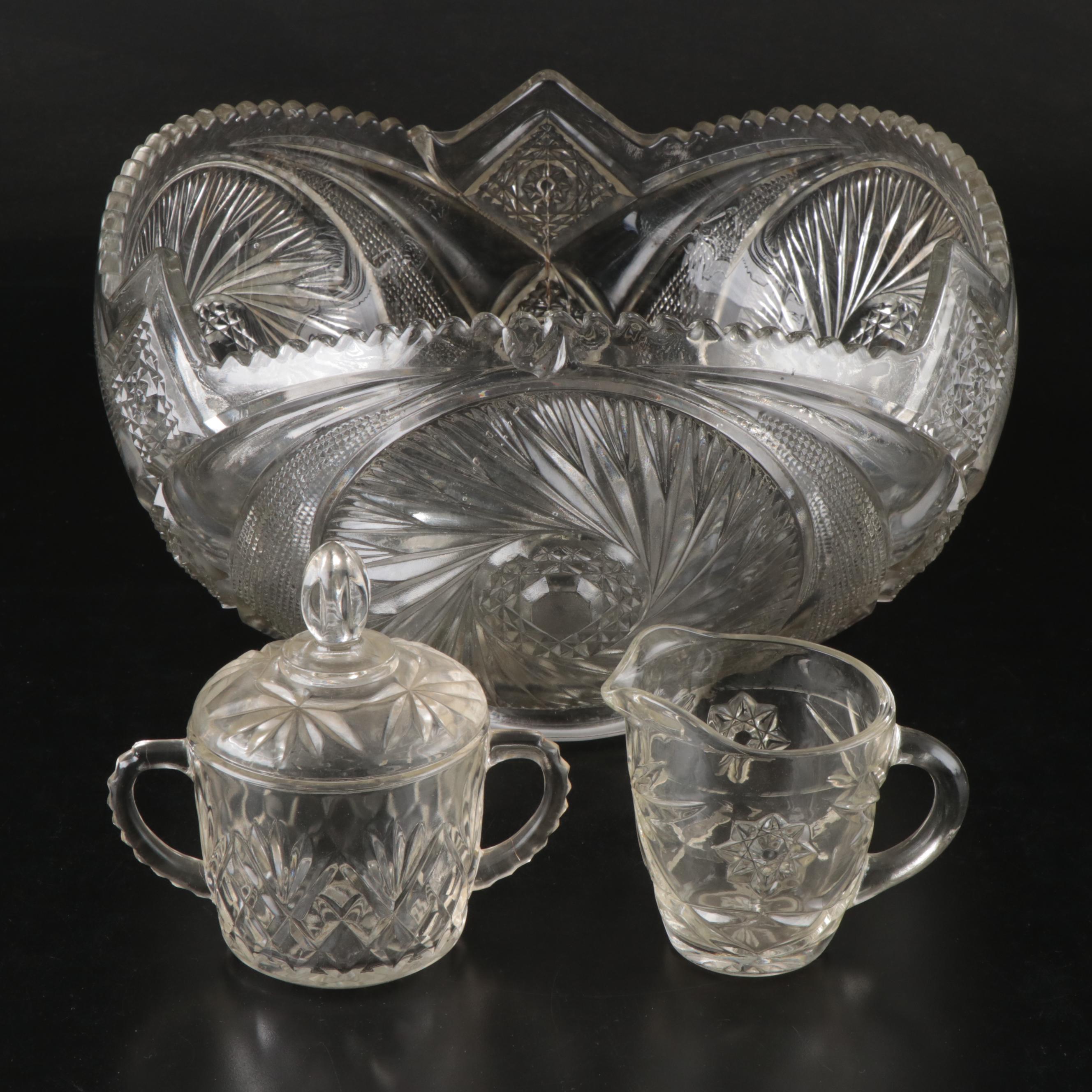 Smith Glass Co. "Aztec" Punch Bowl with Vintage Pressed Glass Creamer ...