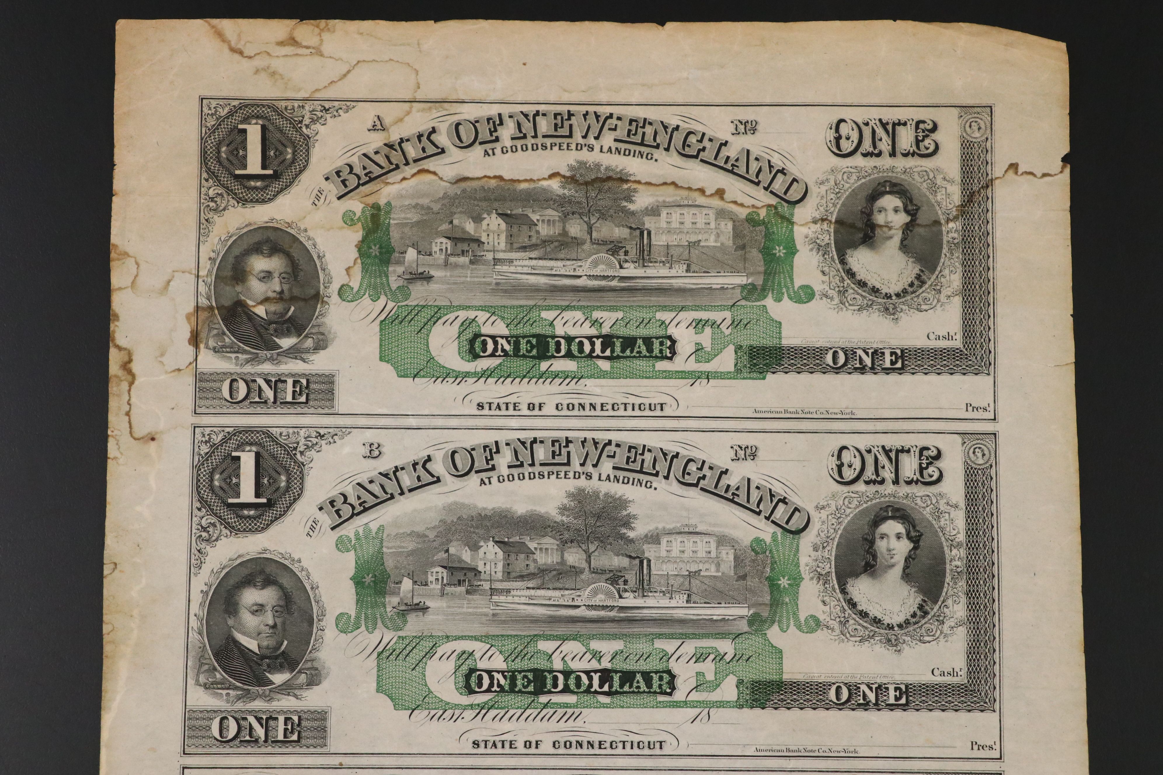 Uncut Sheet of Four Bank of New England Obsolete Banknotes, Connecticut ...