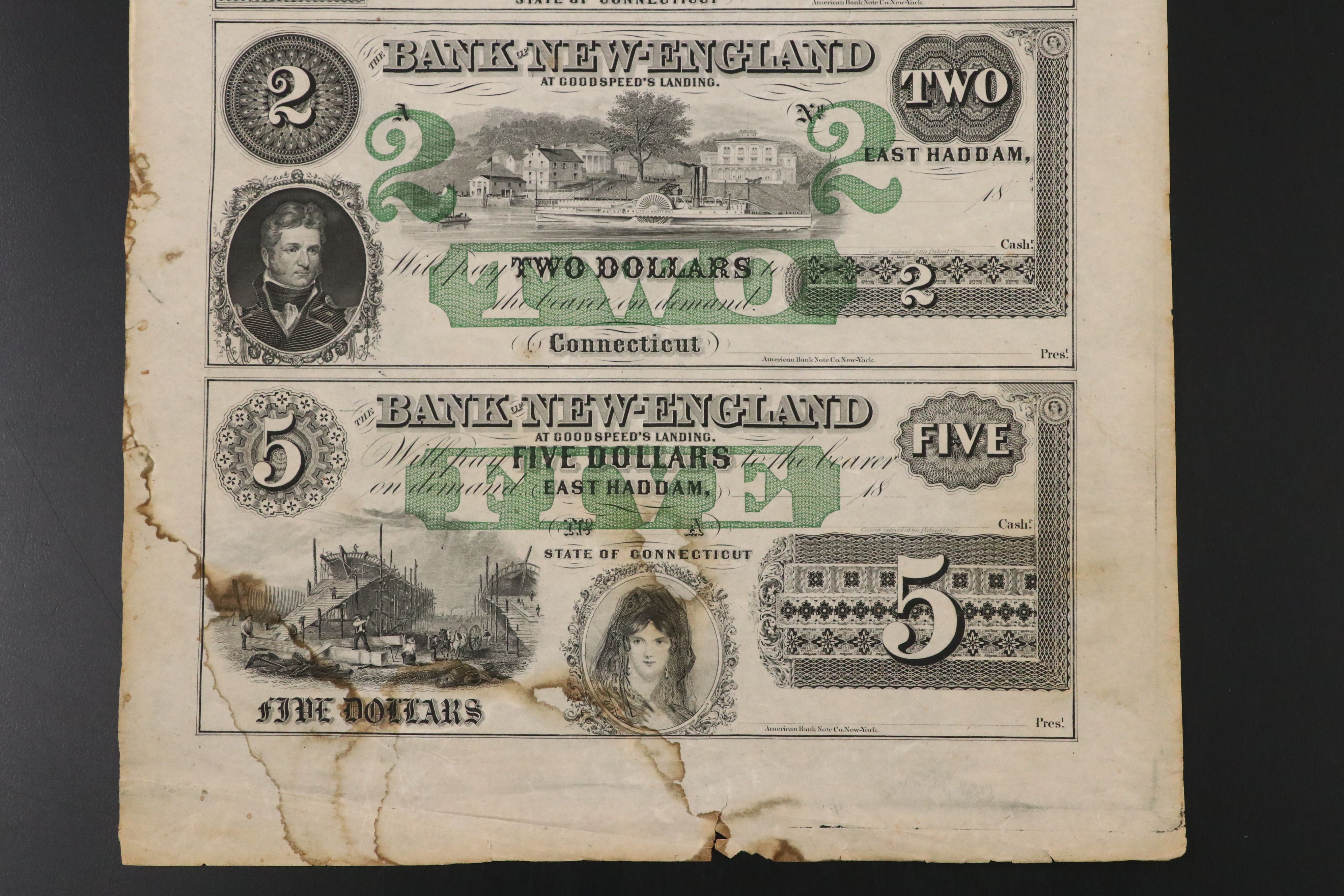 Uncut Sheet of Four Bank of New England Obsolete Banknotes, Connecticut ...