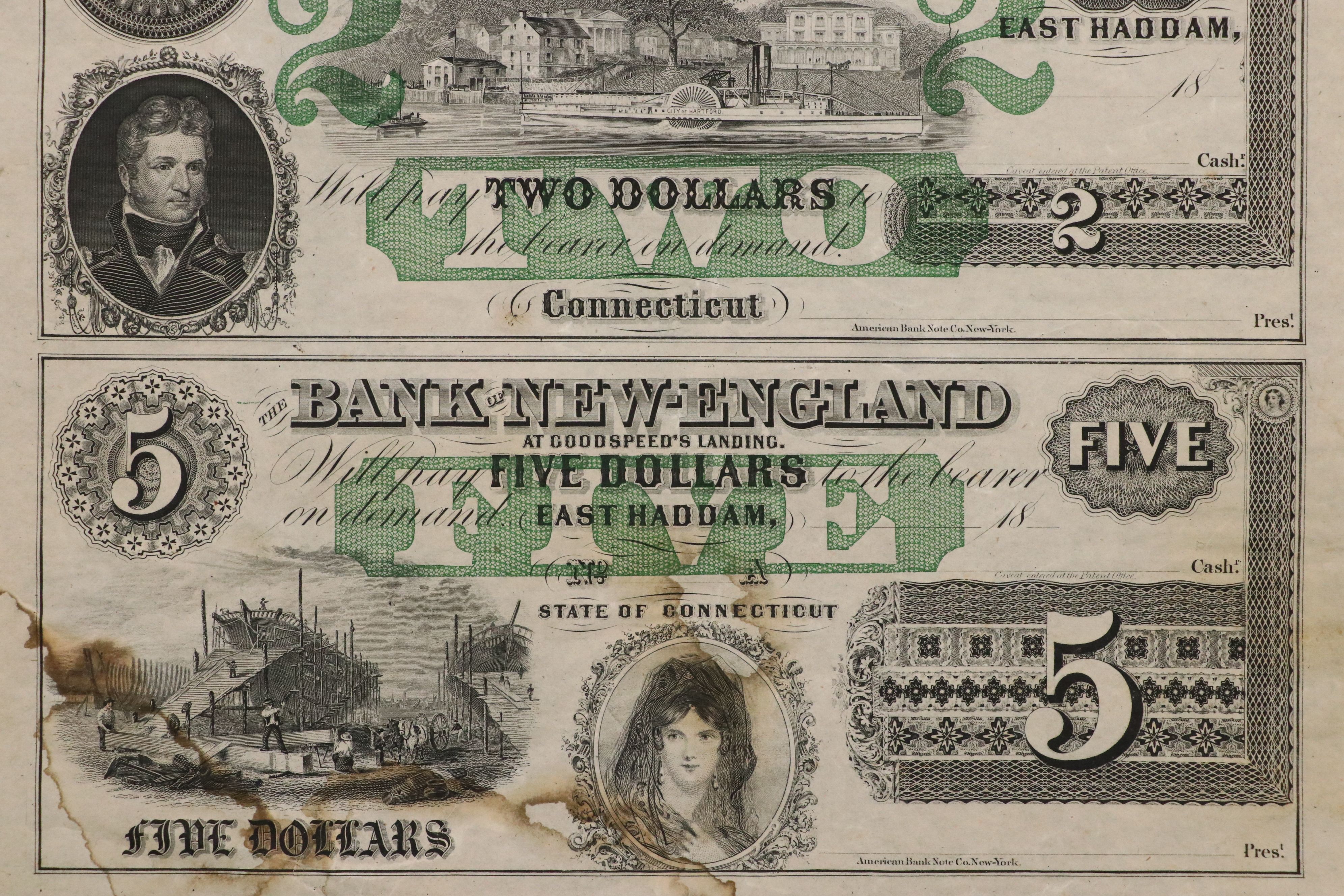 Uncut Sheet of Four Bank of New England Obsolete Banknotes, Connecticut ...