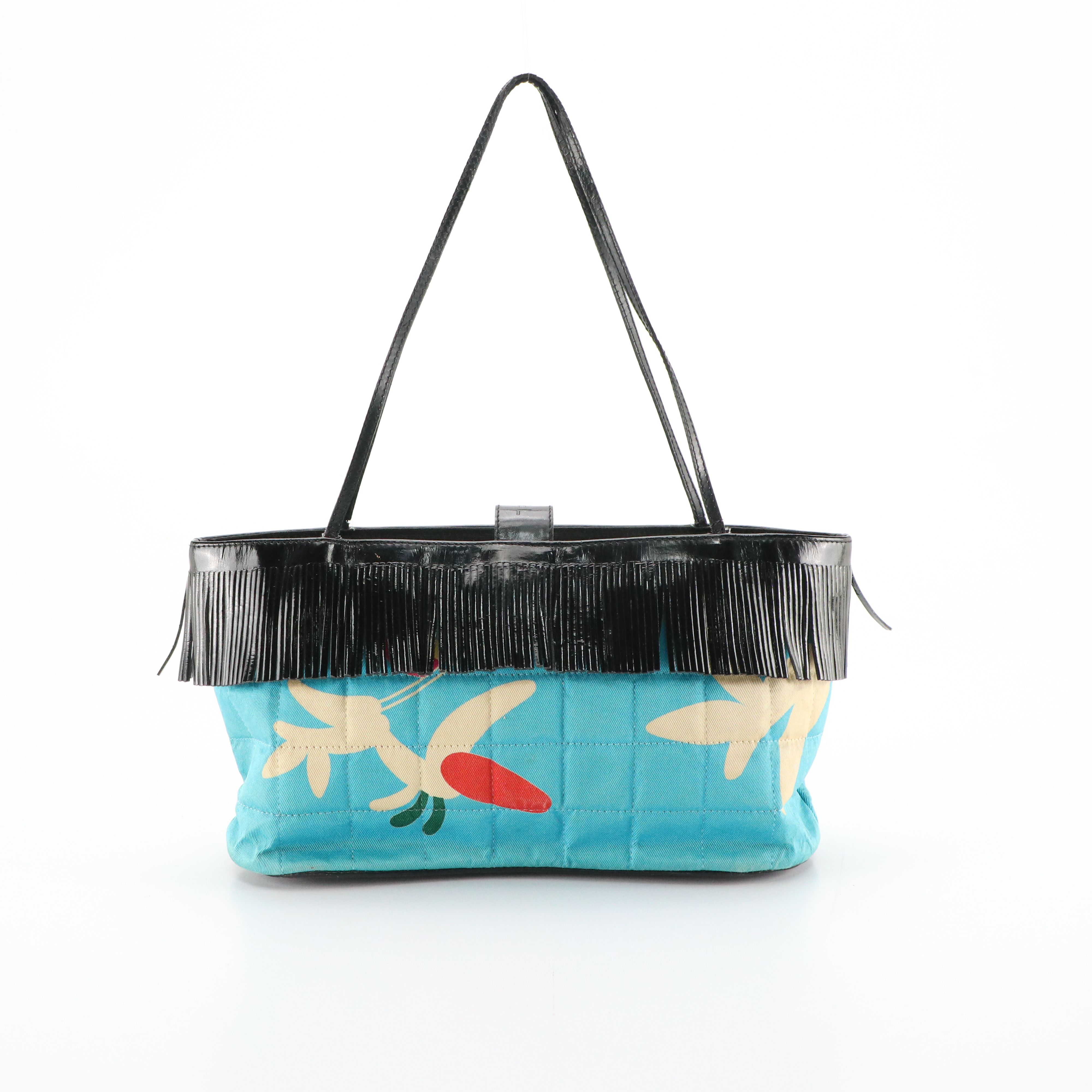 Chanel Quilted Printed Textile and Black Patent Leather Small Fringe ...