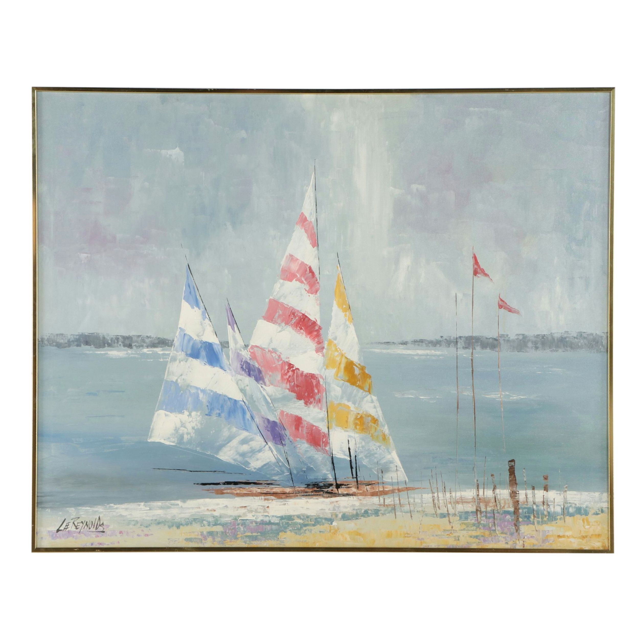 Lee Burr Oil Painting of Sailboats with Striped Sails, Late 20th C. | EBTH