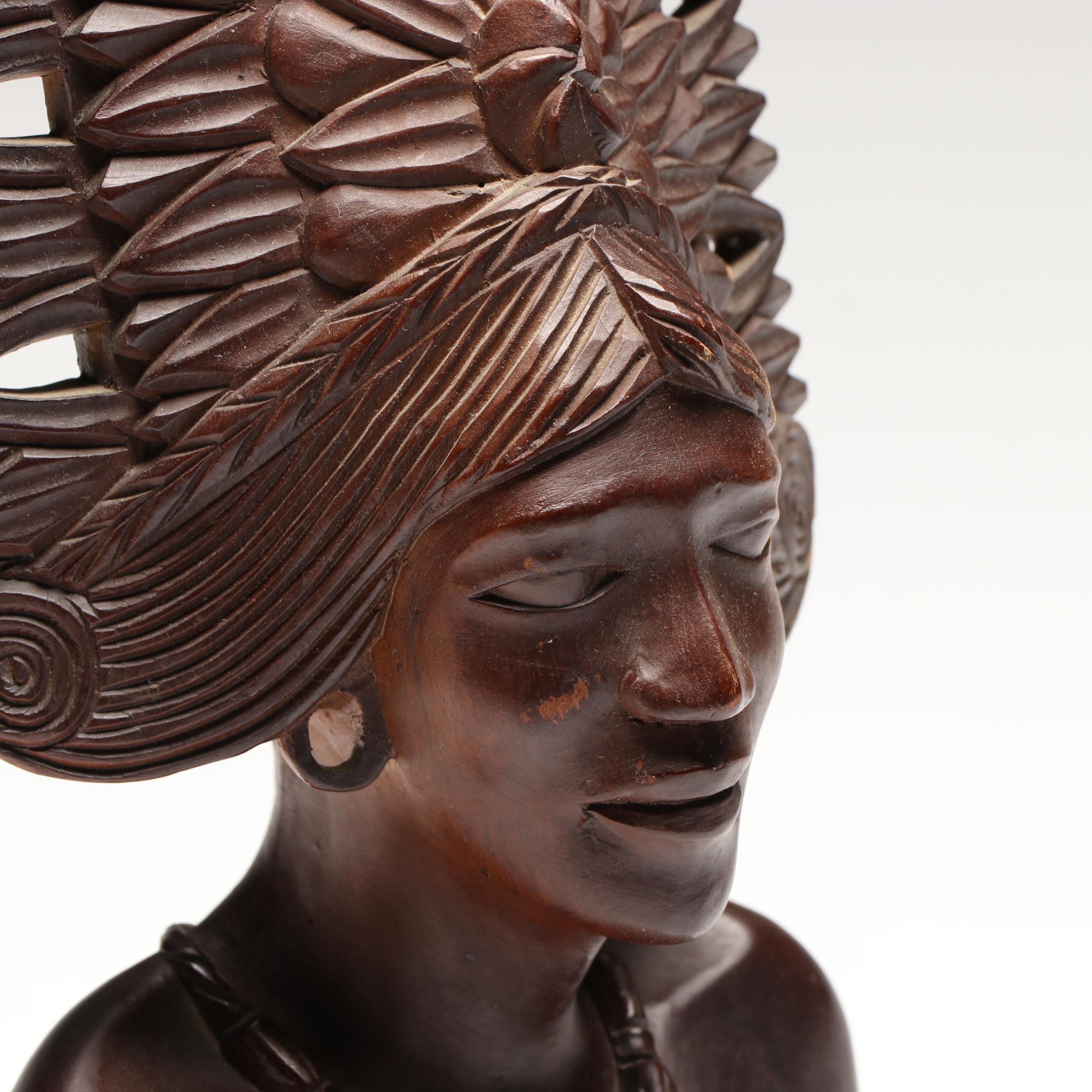 Indonesian Carved Wood Busts of Couple With Traditional Headdress | EBTH