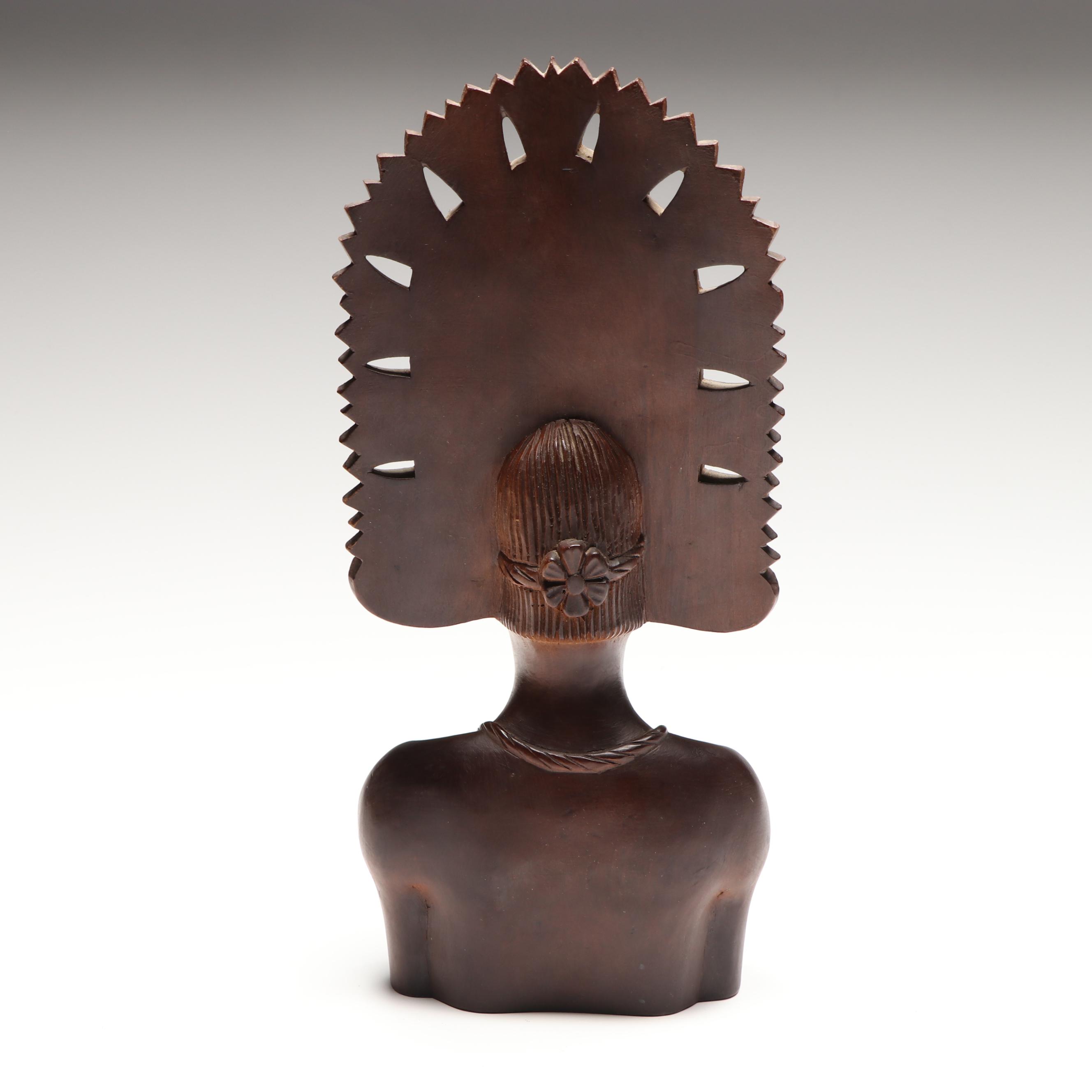 Indonesian Carved Wood Busts of Couple With Traditional Headdress | EBTH