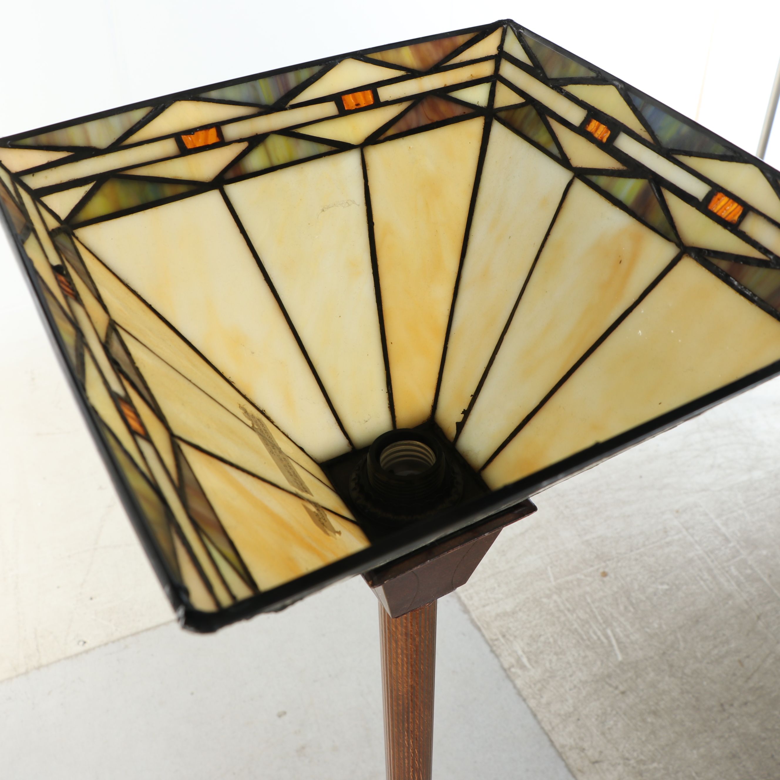 Bronzed Finish Torchiere Floor Lamp with Prairie Style Slag Glass Shade ...