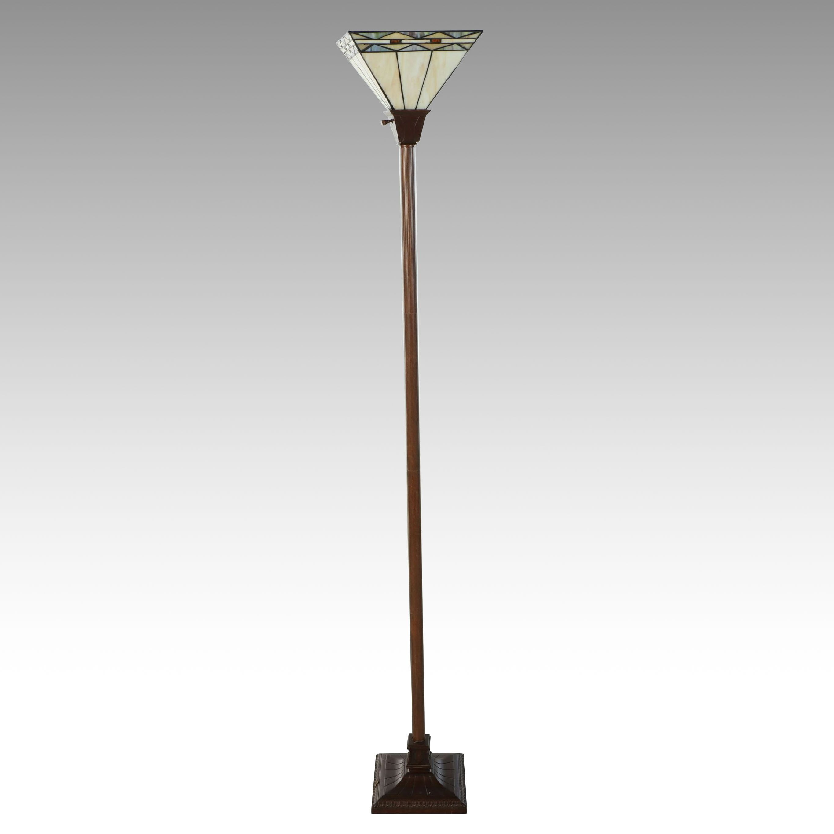 Bronzed Finish Torchiere Floor Lamp with Prairie Style Slag Glass Shade ...