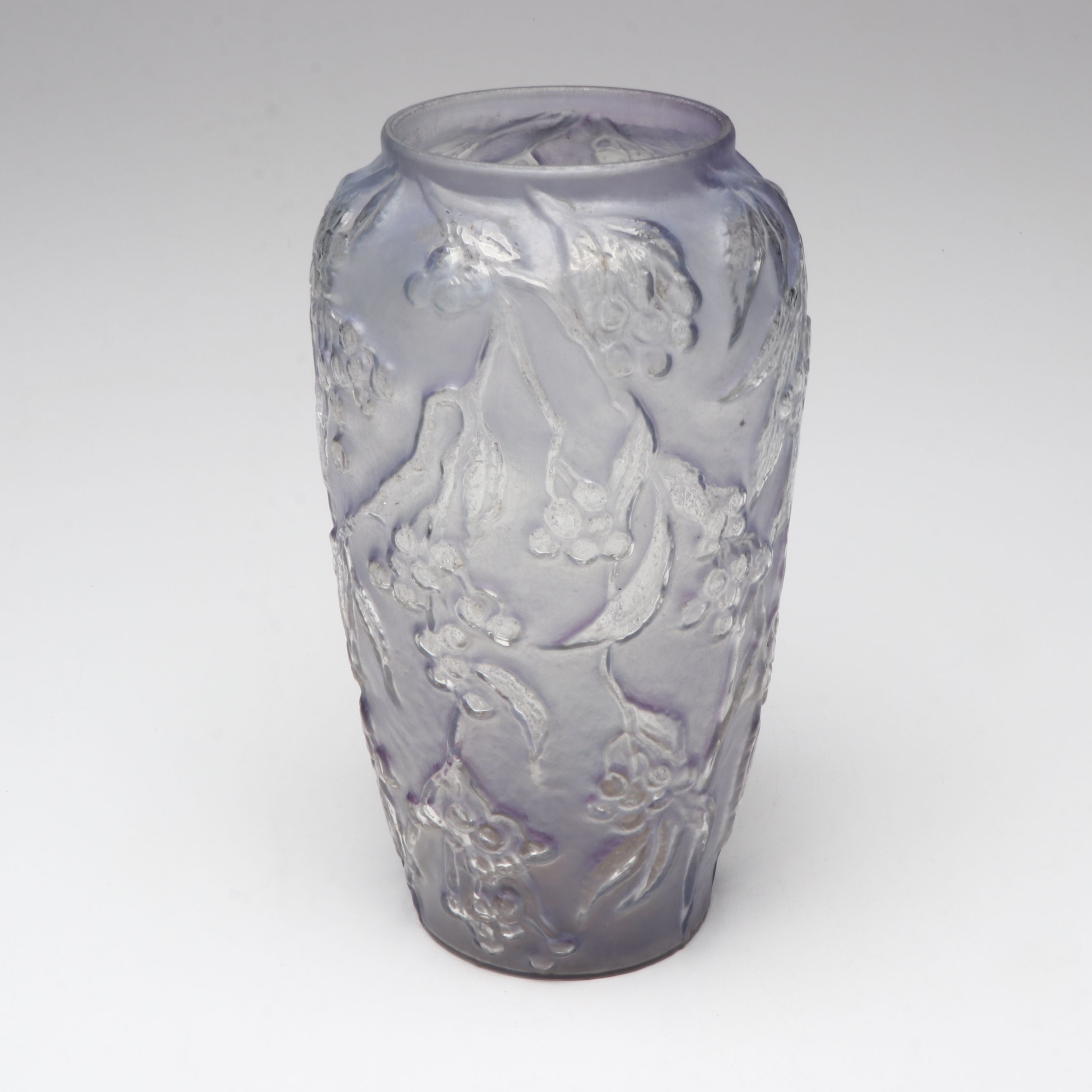 Consolidated Glass Fruit Motif Lilac Glass Vase, Early 20th Century | EBTH