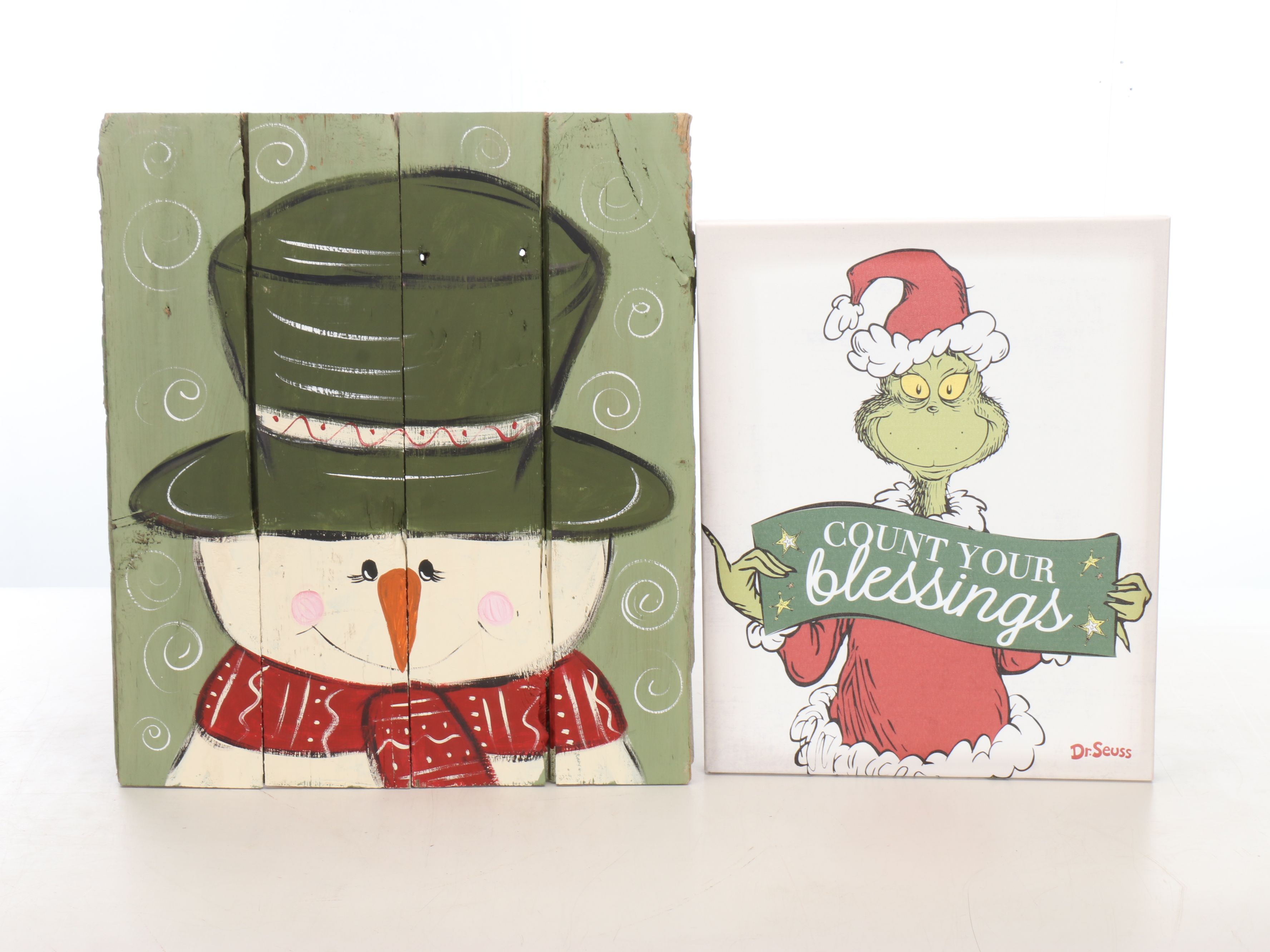 Folk Art Style Christmas Signs with Inflatable Santa Claus | EBTH