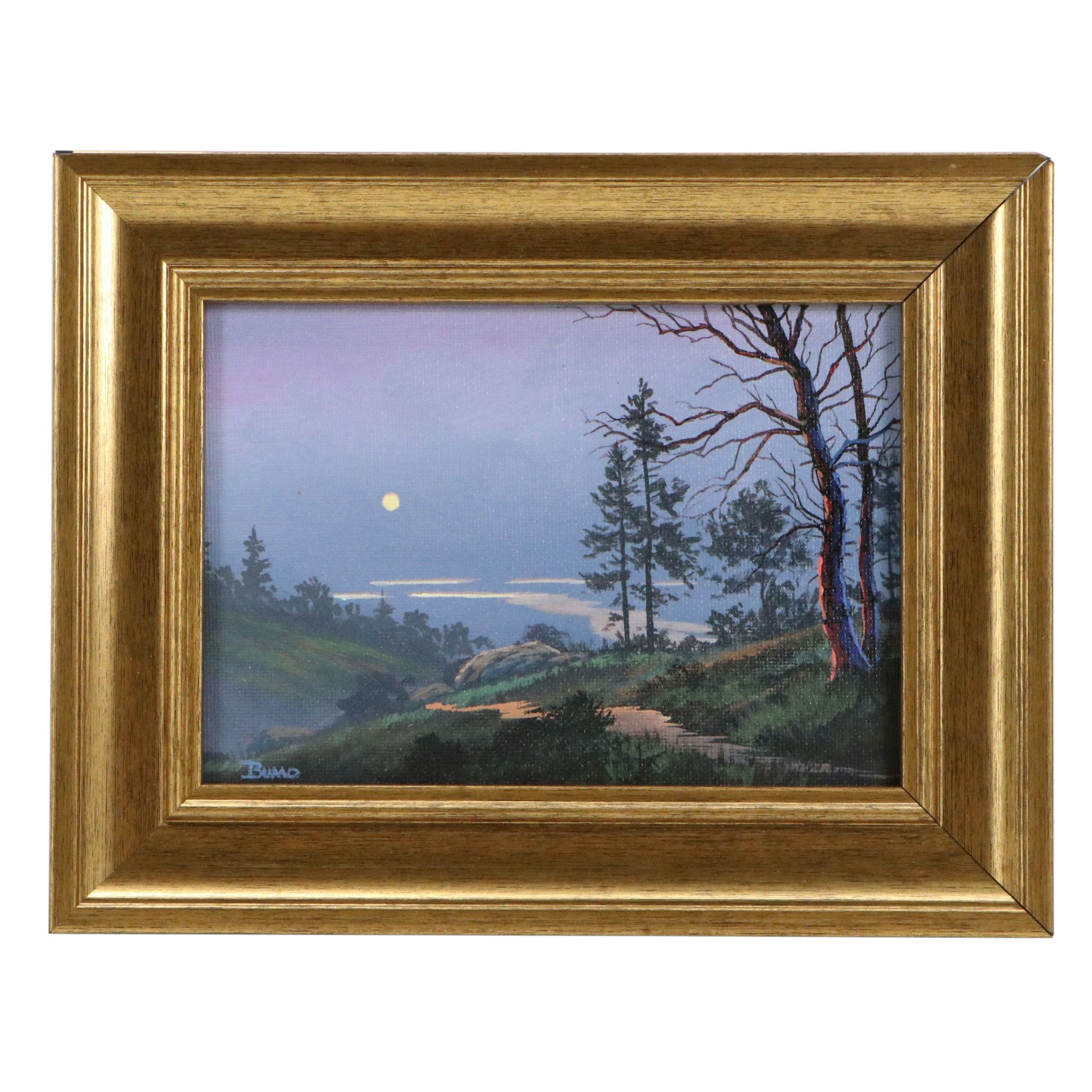 Douglas "Bumo" Johnpeer Acrylic Painting of Moonlit Wooded Scene, 21st ...