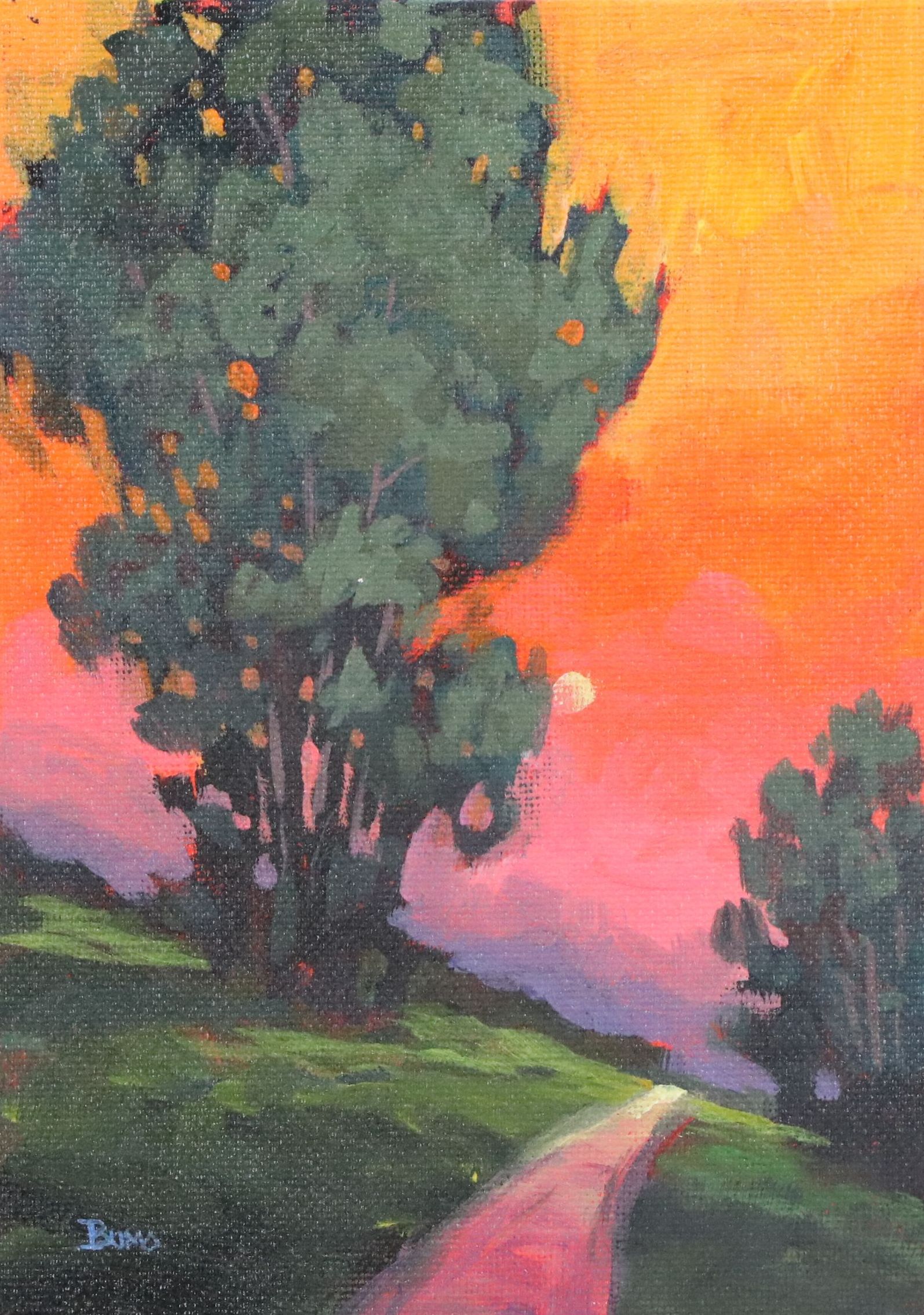 Douglas "Bumo" Johnpeer Acrylic Painting of Sunset Behind Trees, 21st ...