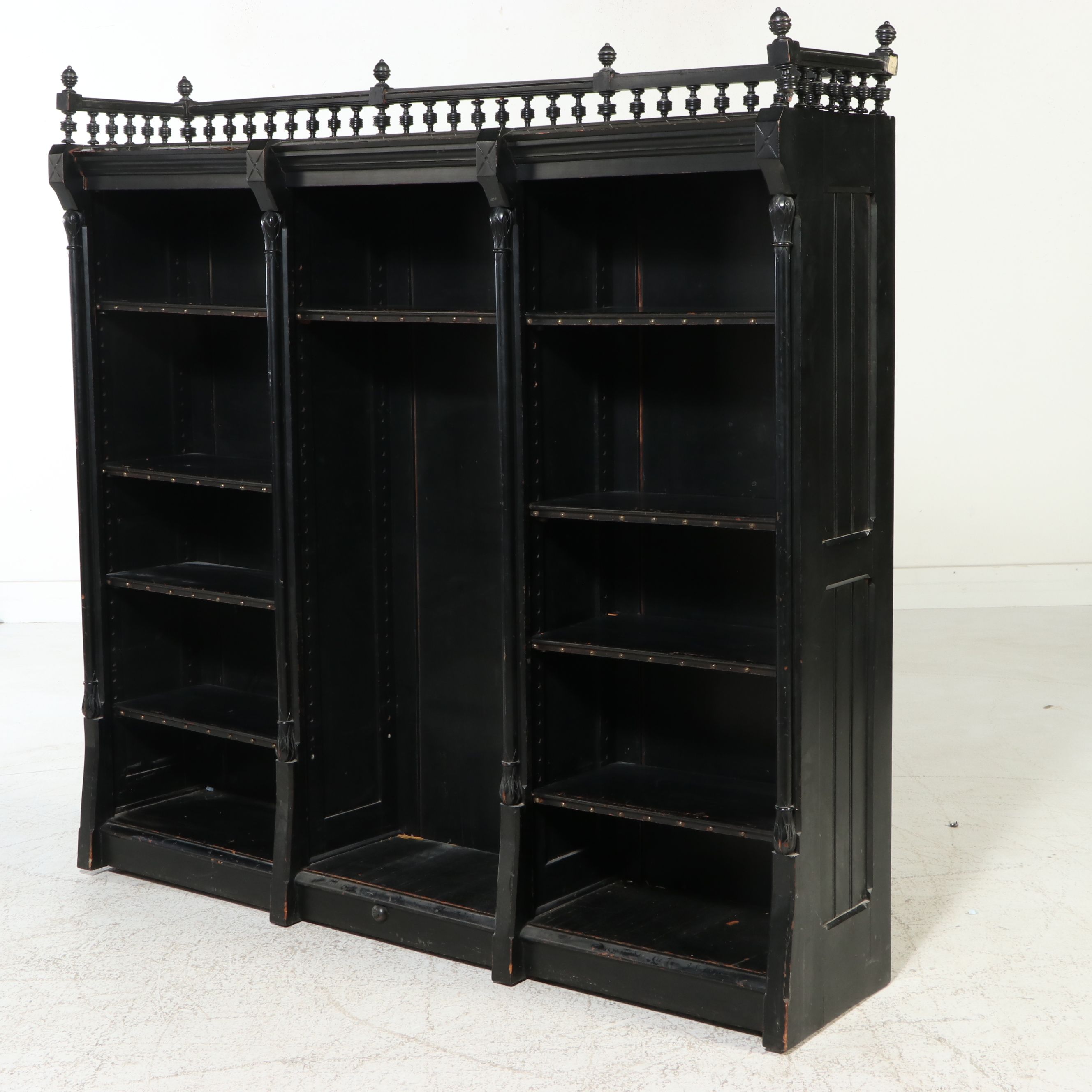 Gothic Revival Style Black Painted Triple Bookcase with Spindle Gallery ...