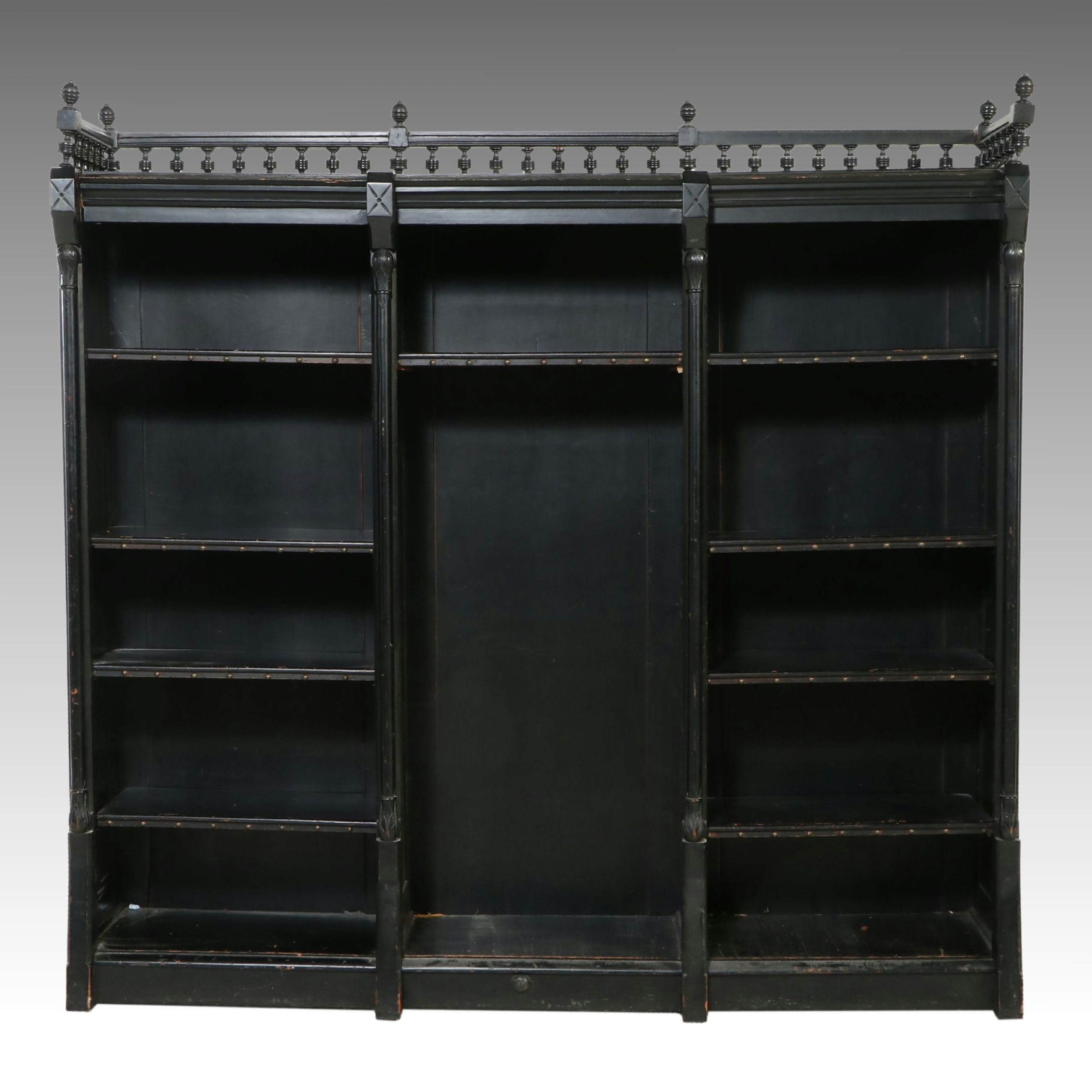 Gothic Revival Style Black Painted Triple Bookcase with Spindle Gallery ...