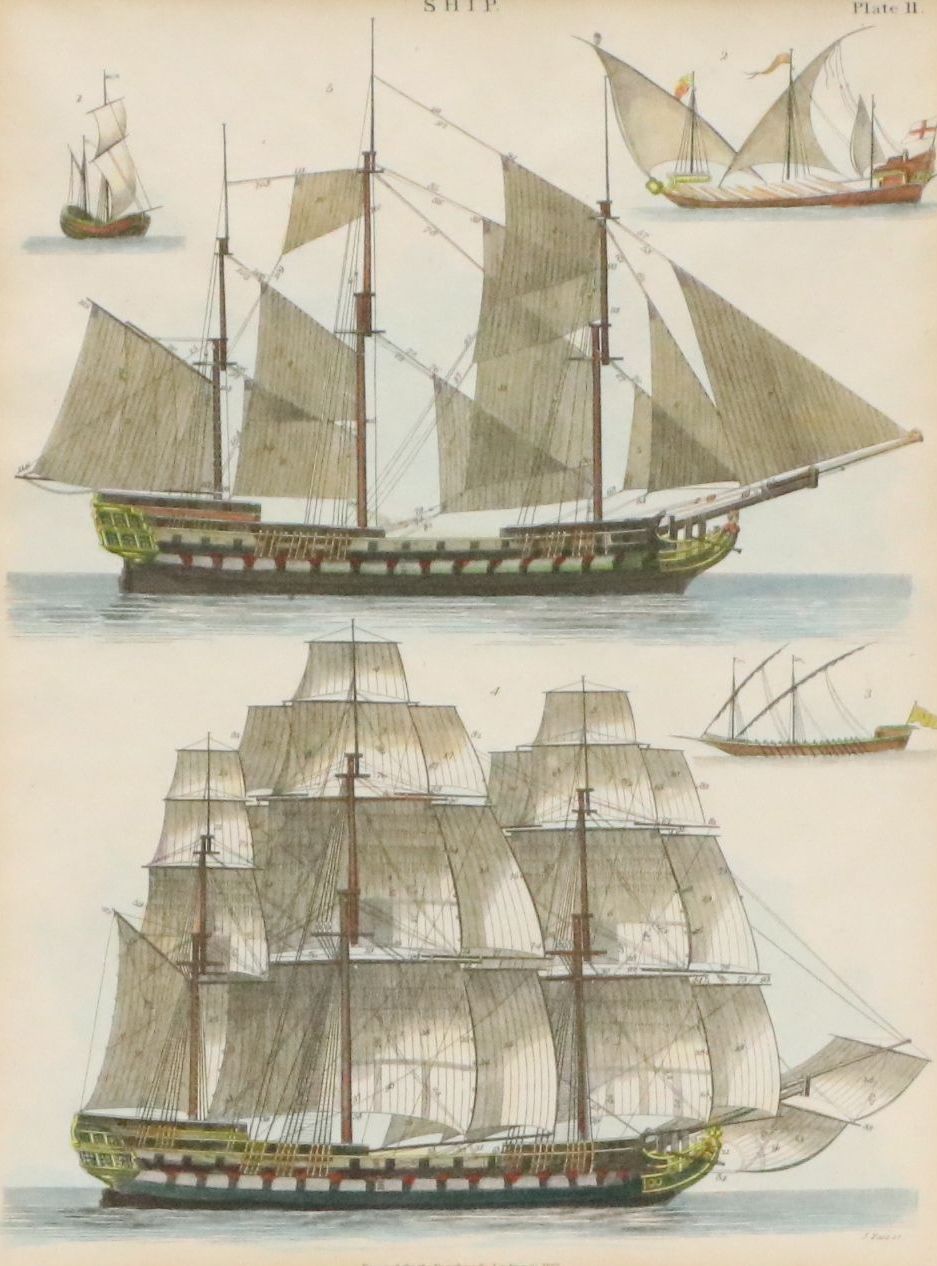 Hand-Colored Engraving "Ship. Plate II" from "Encyclopaedia Londinensis ...