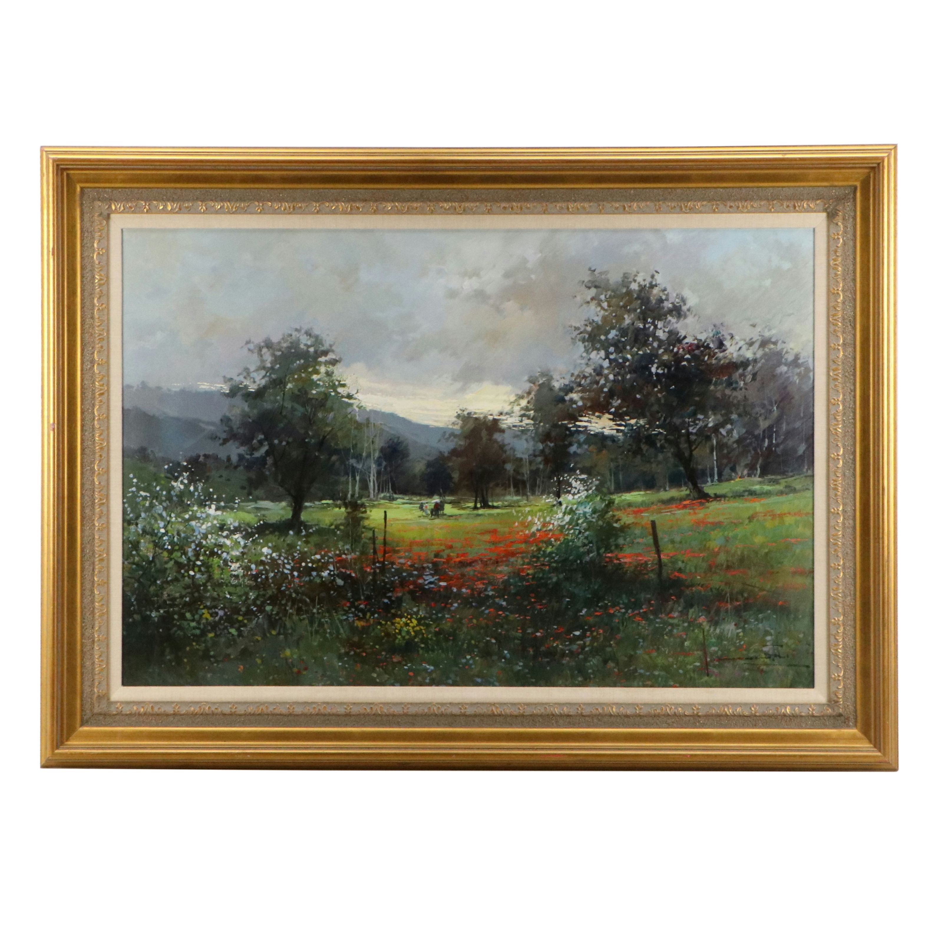 Claudio Simonetti Landscape Oil Painting of Field of Poppies, Late 20th ...