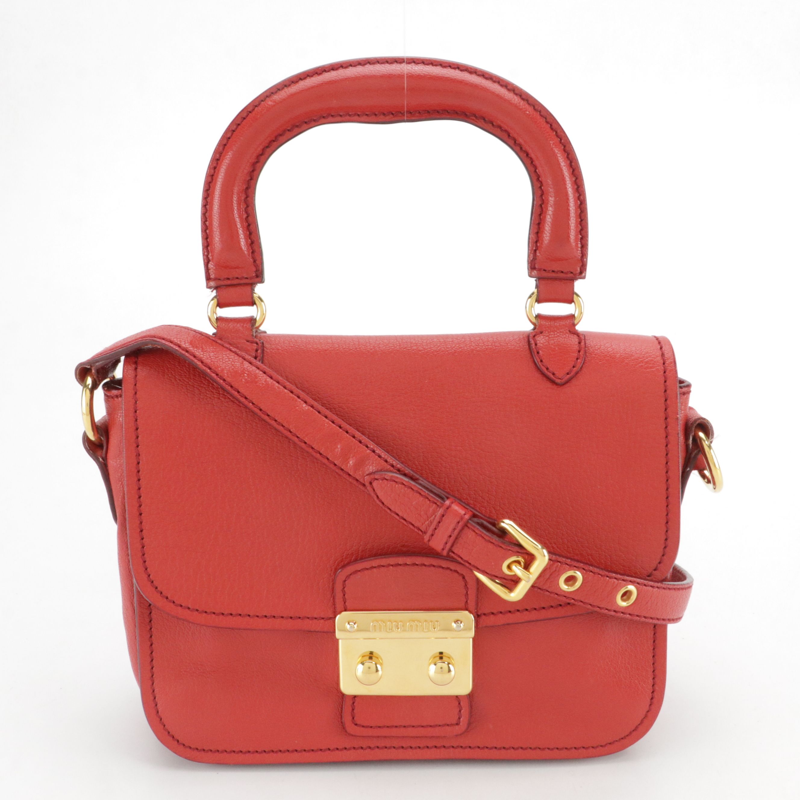 Miu Miu Small Madras Two-Way Satchel Bag in Shiny Red Grained Leather ...