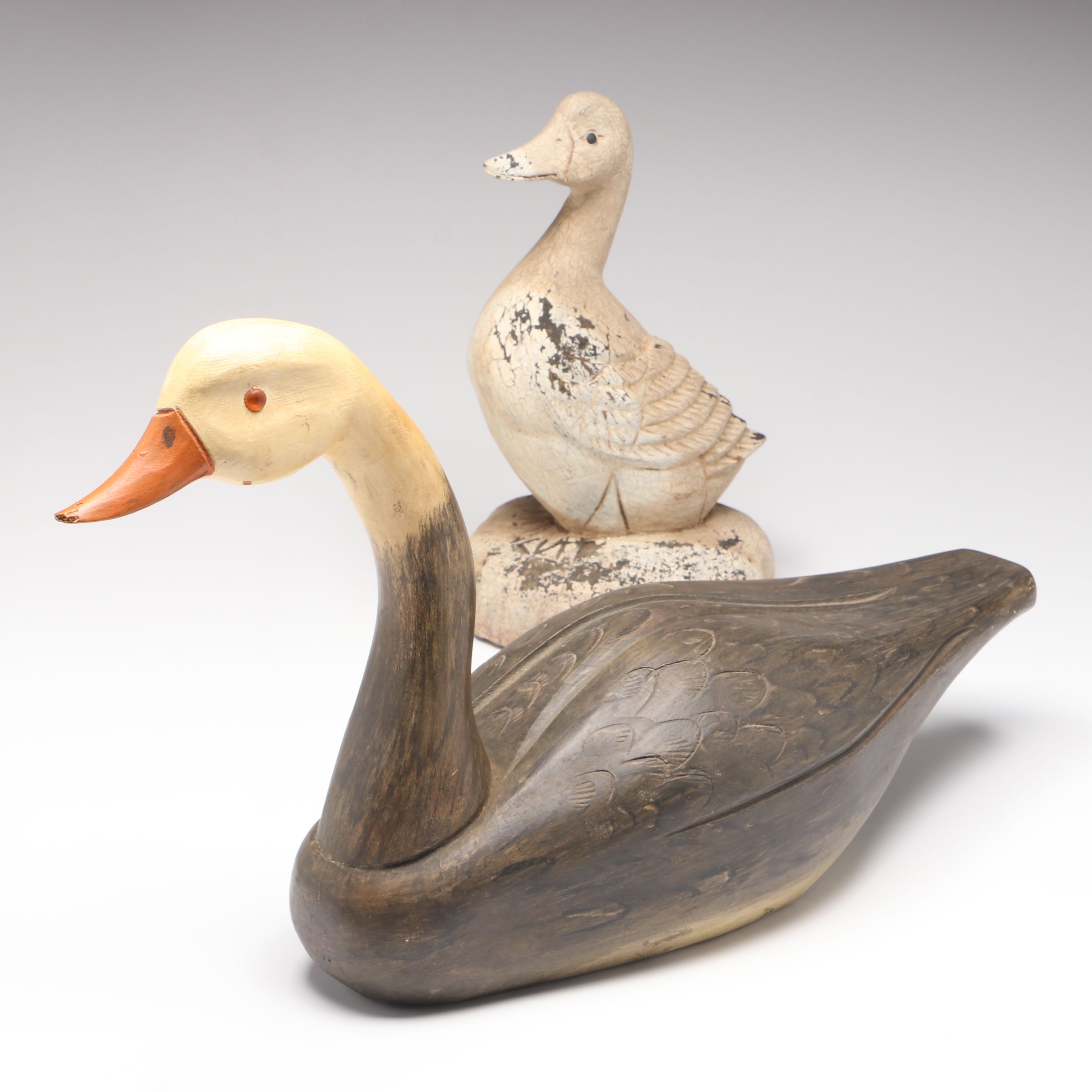 Hand-Carved Snow Goose Decoy and Carved Duck on Pole Cap | EBTH