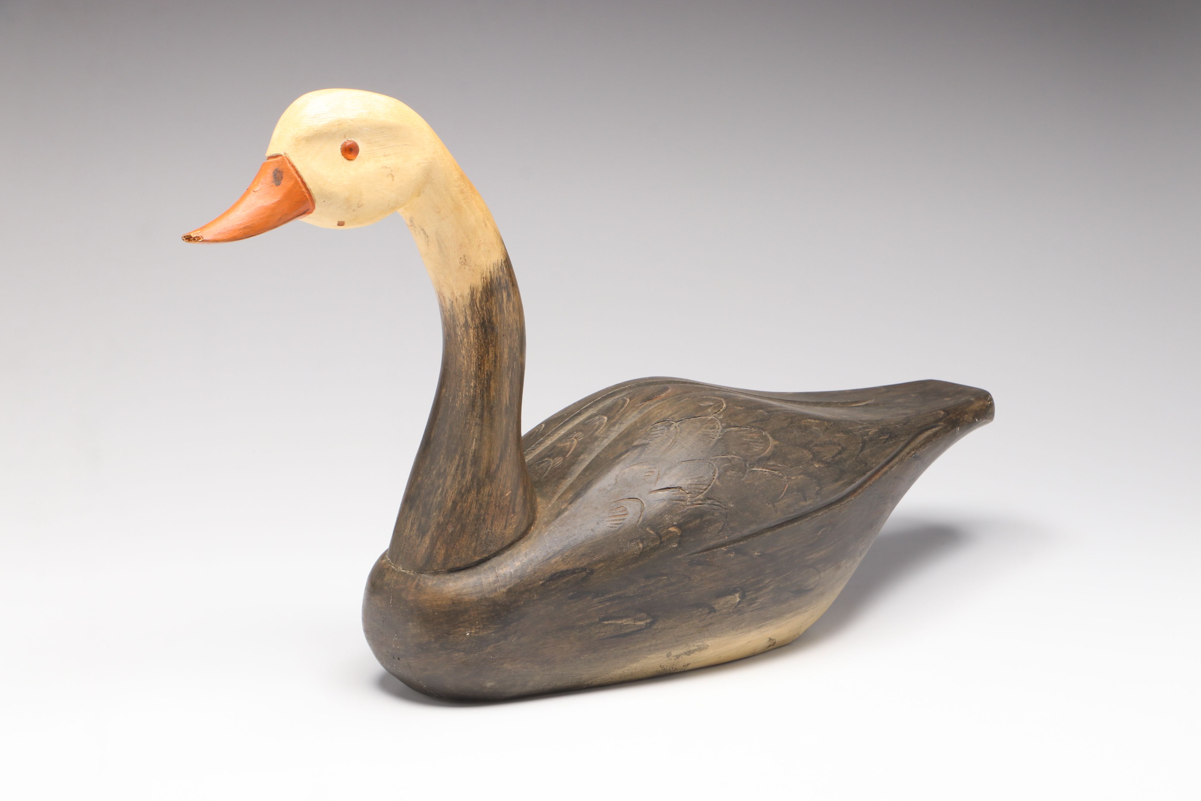 Hand-Carved Snow Goose Decoy and Carved Duck on Pole Cap | EBTH