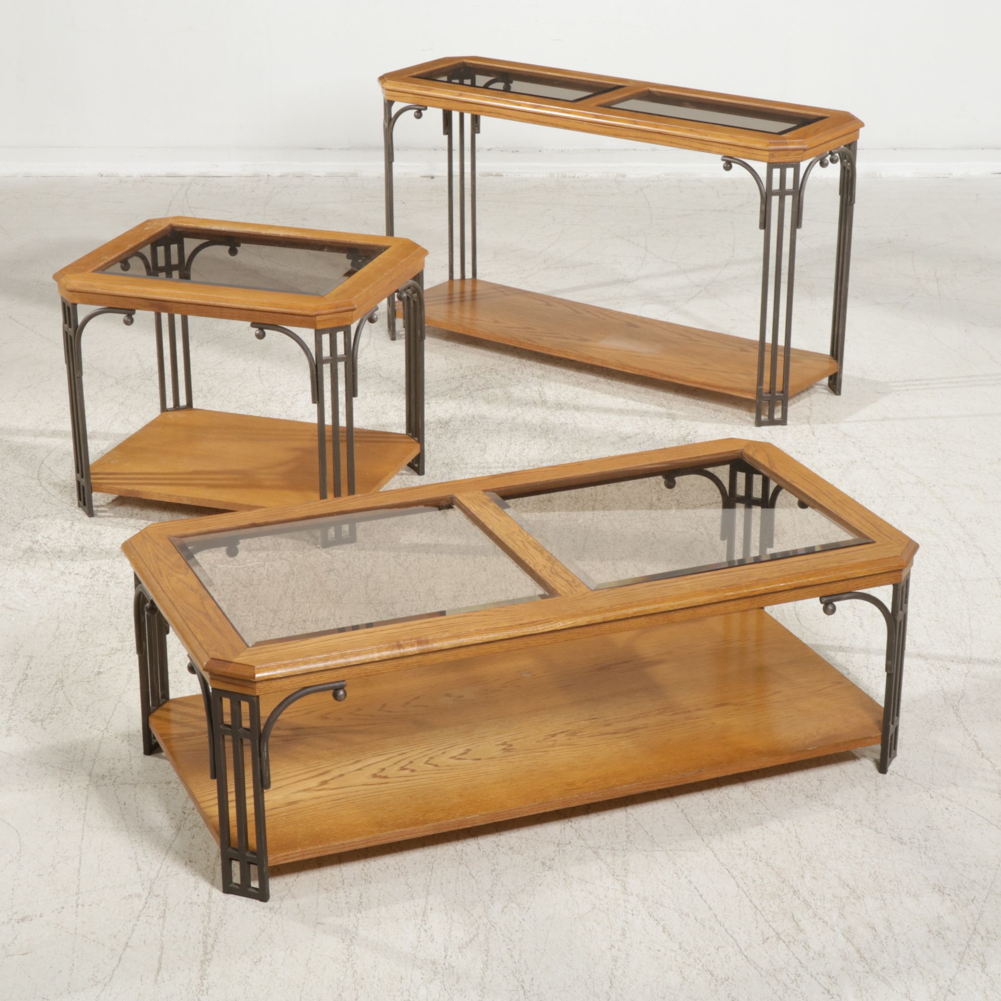 Metal and Oak Glass-Top Coffee, End, and Sofa Tables | EBTH