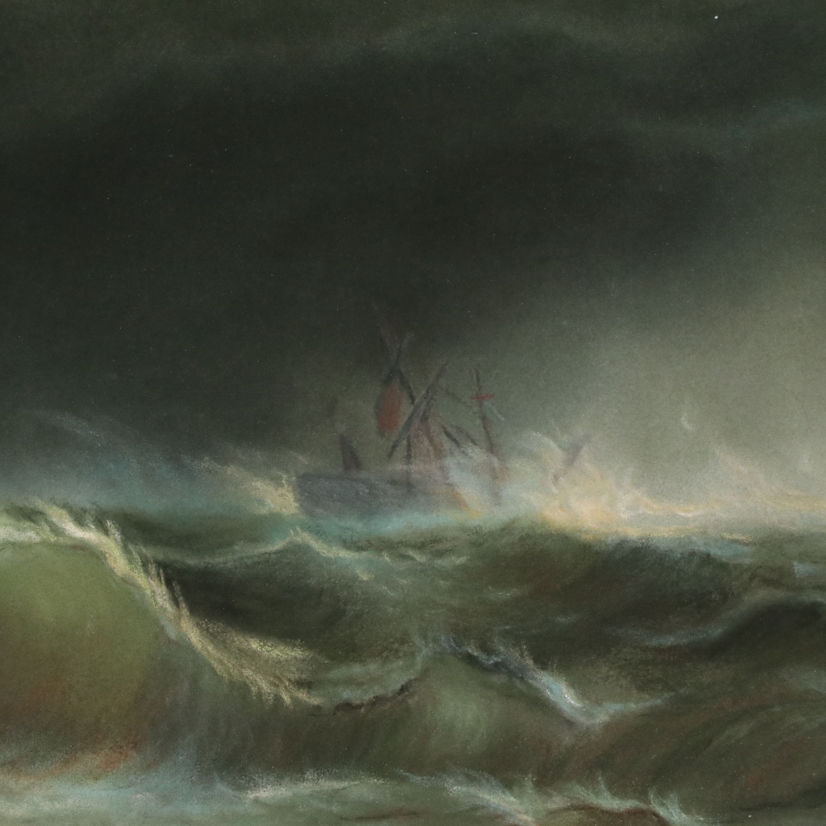 Pastel Drawing After Edward Moran of Shipwreck on Stormy Sea, Late 19th ...