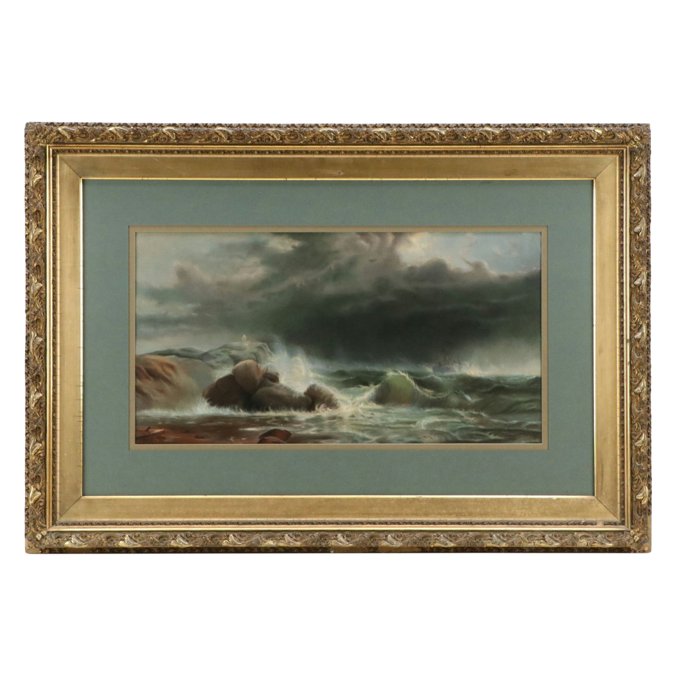 Pastel Drawing After Edward Moran of Shipwreck on Stormy Sea, Late 19th ...