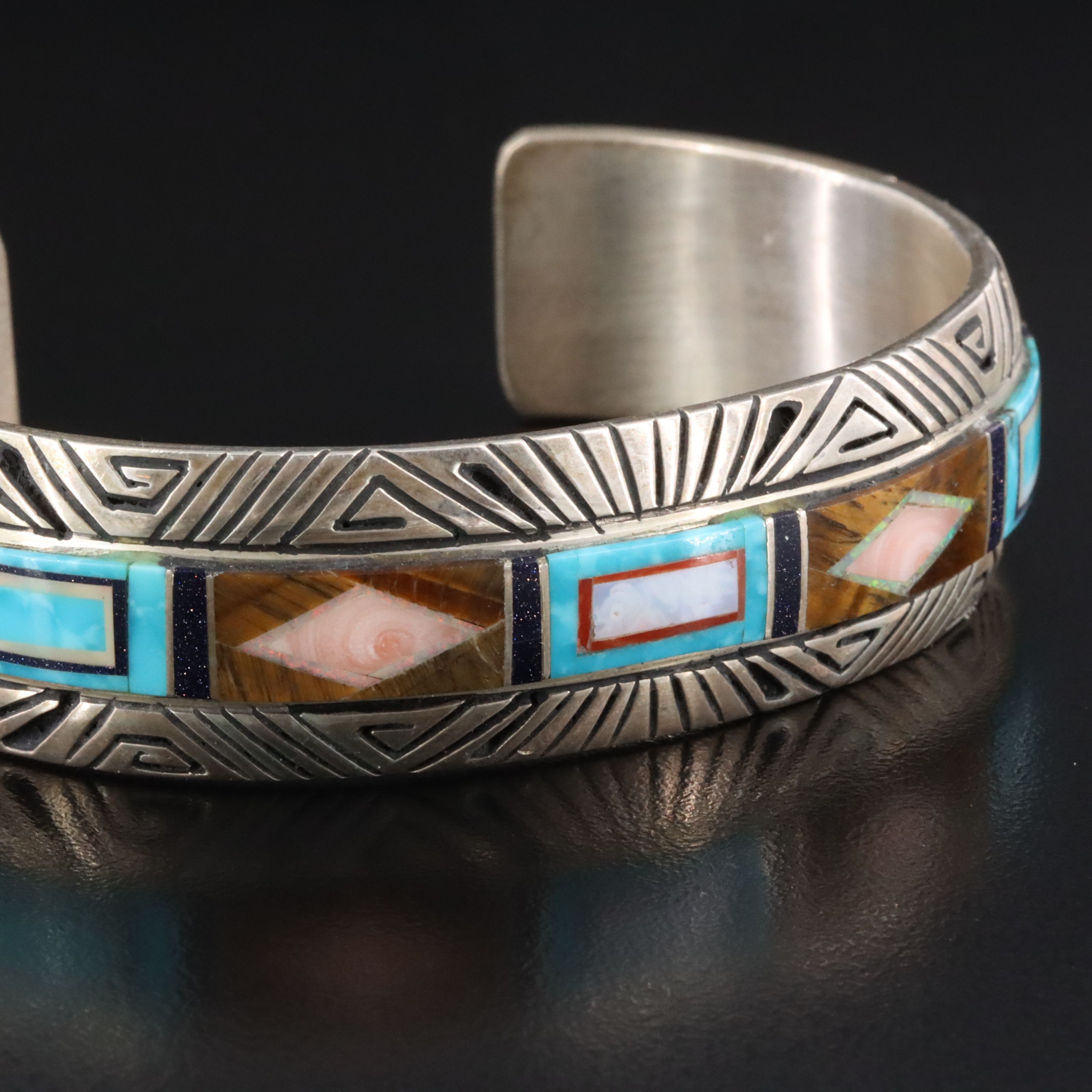 Abraham Begay Navajo Diné Sterling Gemstone Inlay Cuff Including Tiger ...