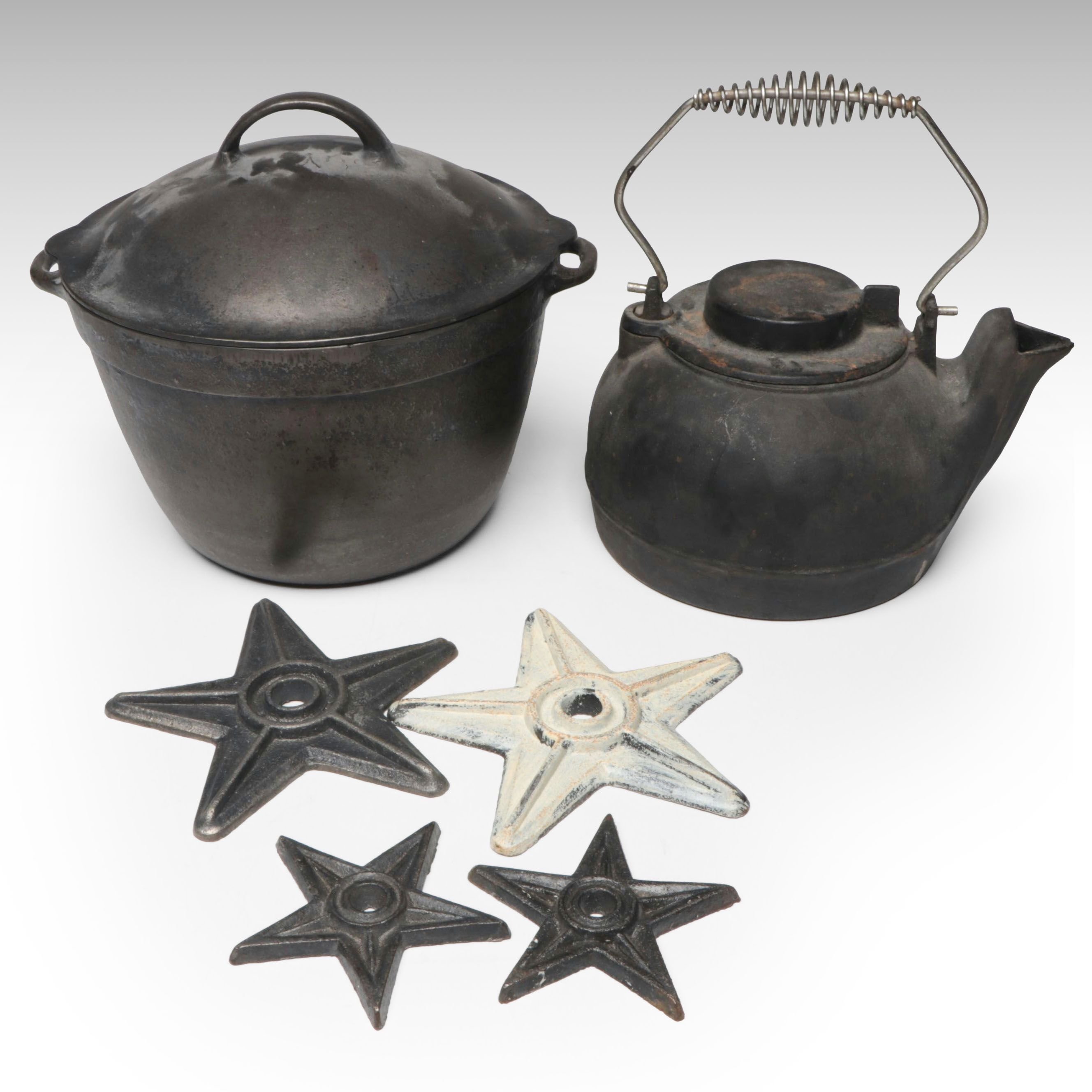 American Cast Iron Lidded Pot with Bird Spout Kettle and Star Warshers ...