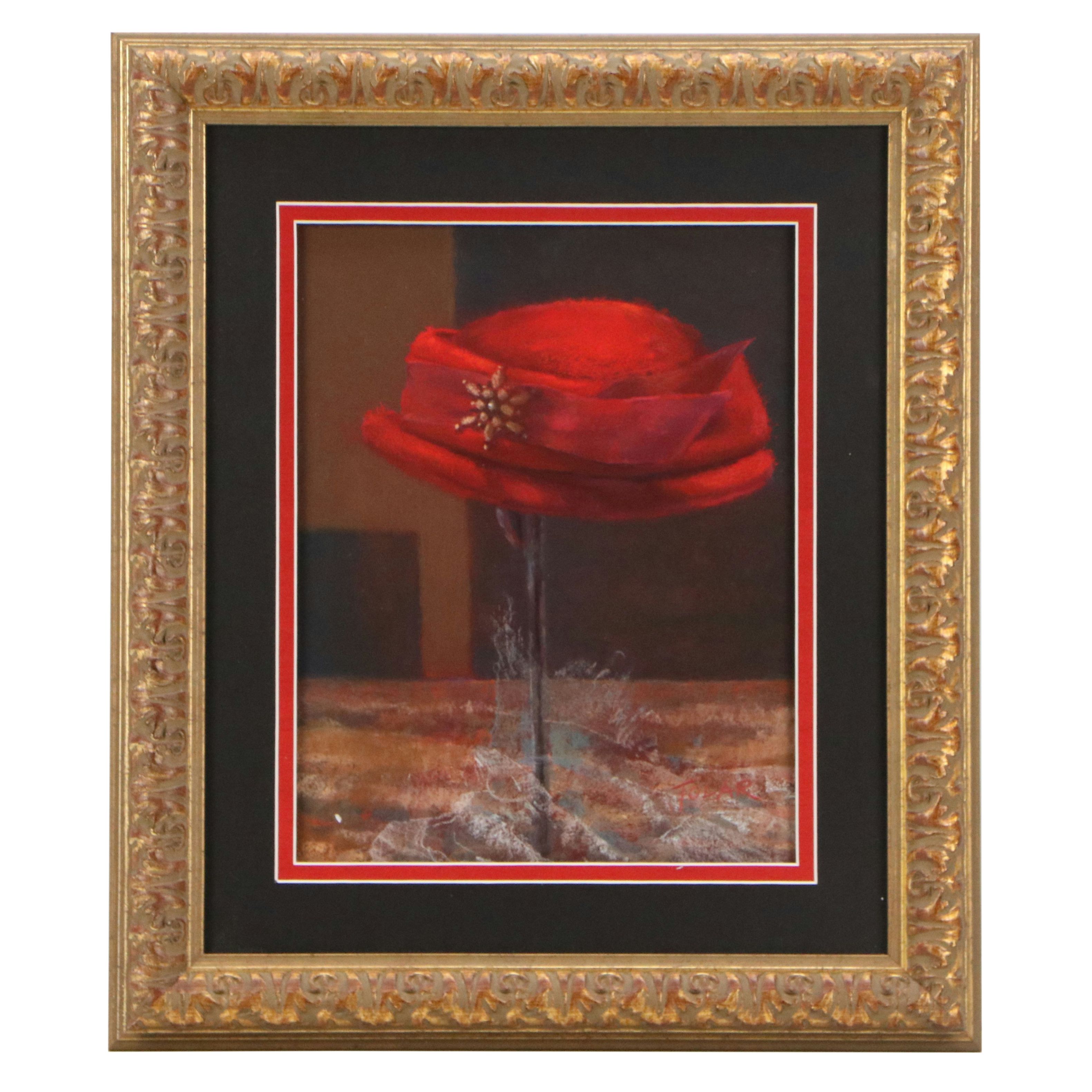Jude Tolar Still Life Oil Pastel Drawing of Red Hat on Stand, Late 20th ...