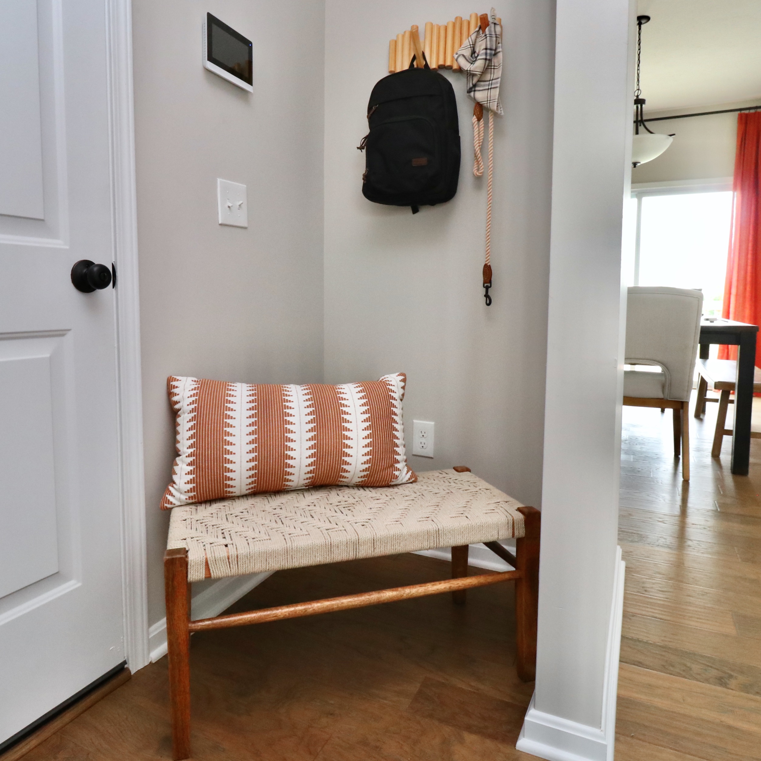 Danish Modern Style Woven Rope Bench with Accordion Peg Rack and Other ...