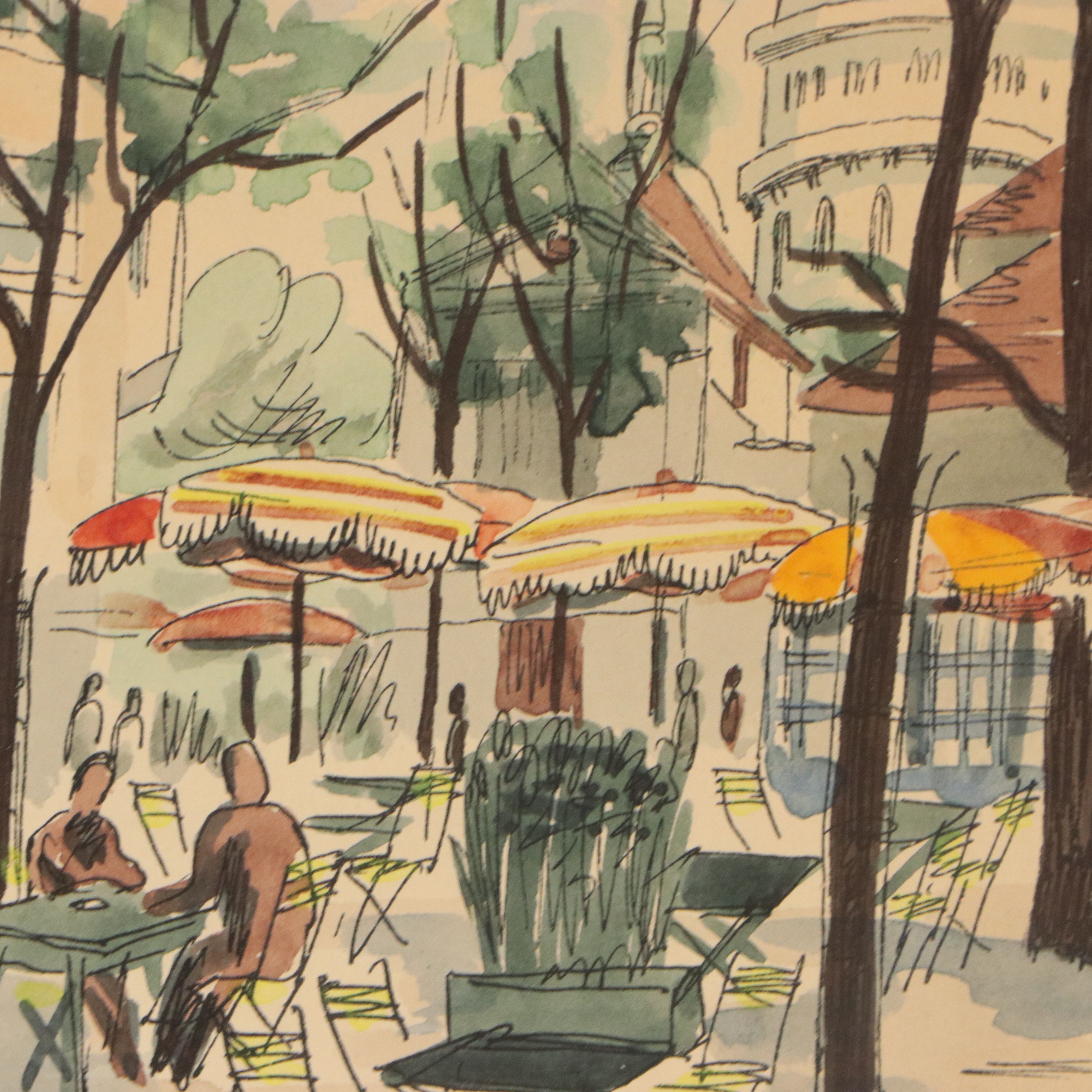 French School Hand-Colored Lithograph of Parisian Cafe, Mid-20th ...