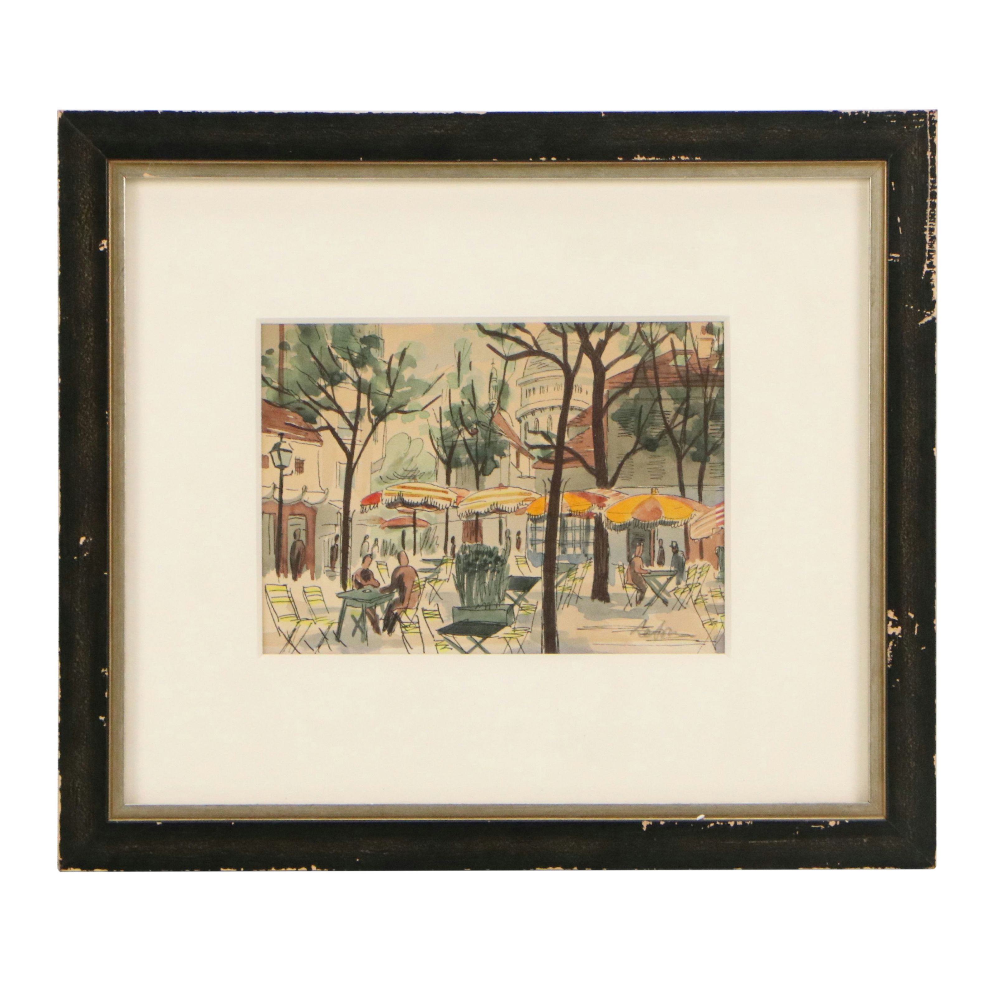 French School Hand-Colored Lithograph of Parisian Cafe, Mid-20th ...