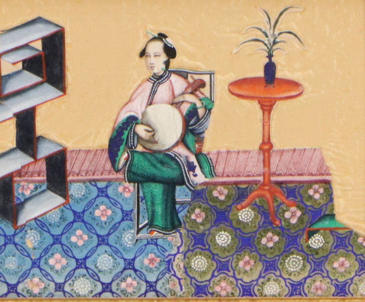 Chinese School Pith Painting of Musician Playing Ruan | EBTH