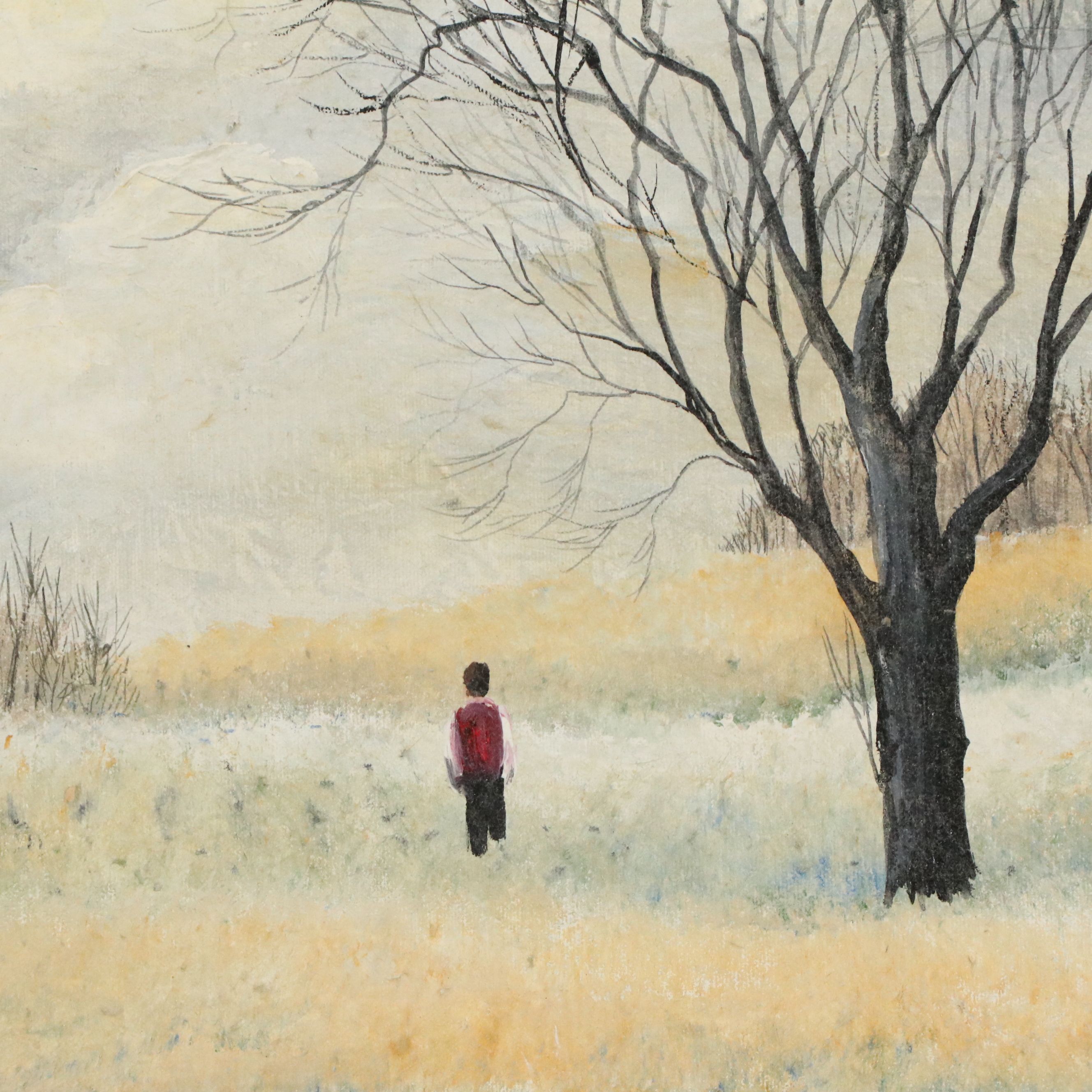 E. Jones Oil Painting of Pensive Man Standing in Field, Late 20th ...