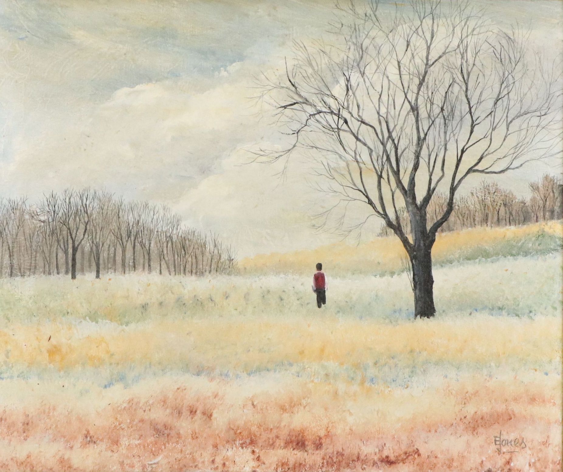 E. Jones Oil Painting of Pensive Man Standing in Field, Late 20th ...