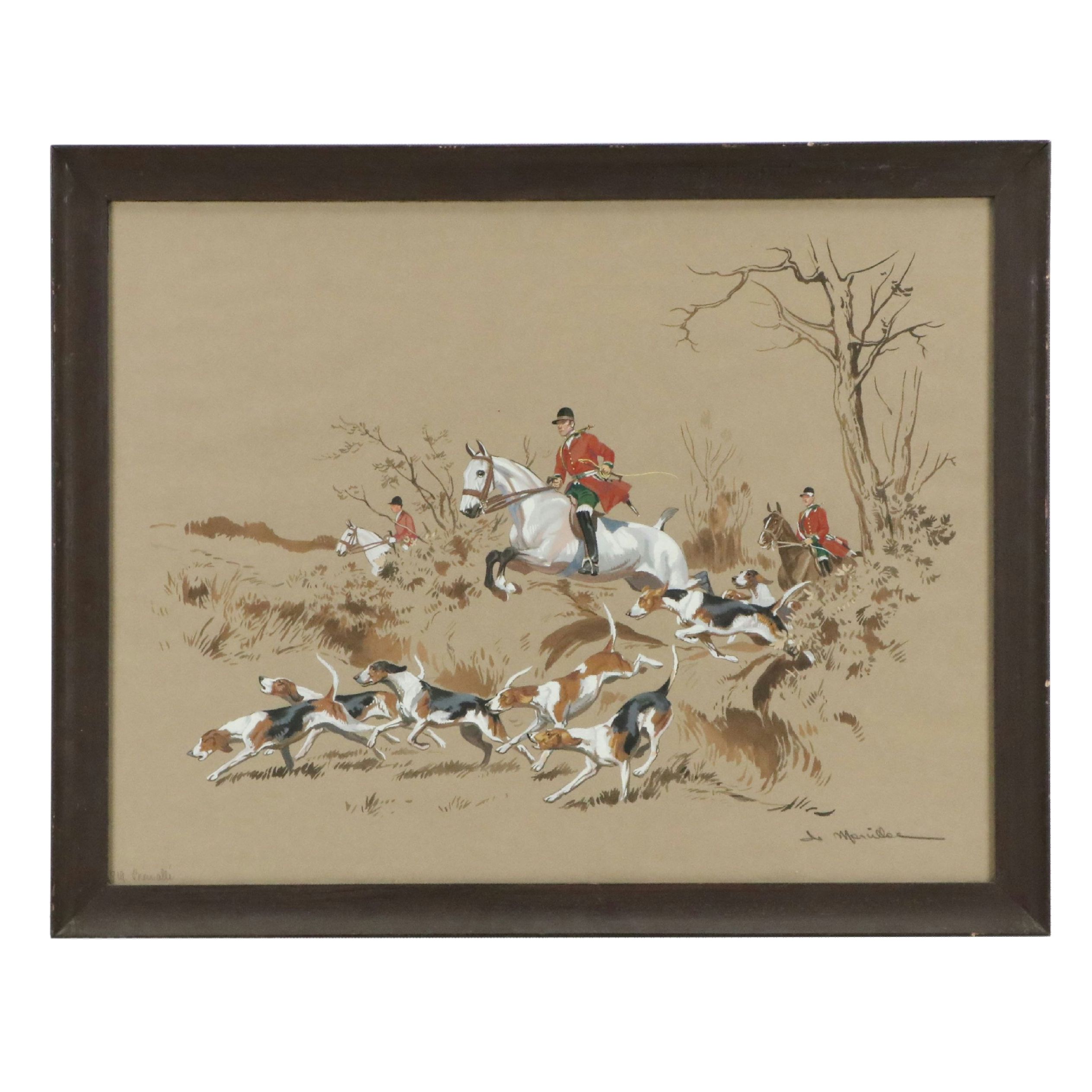 De Marcillac Gouache Painting of English Fox Hunt, Late 19th to 20th ...