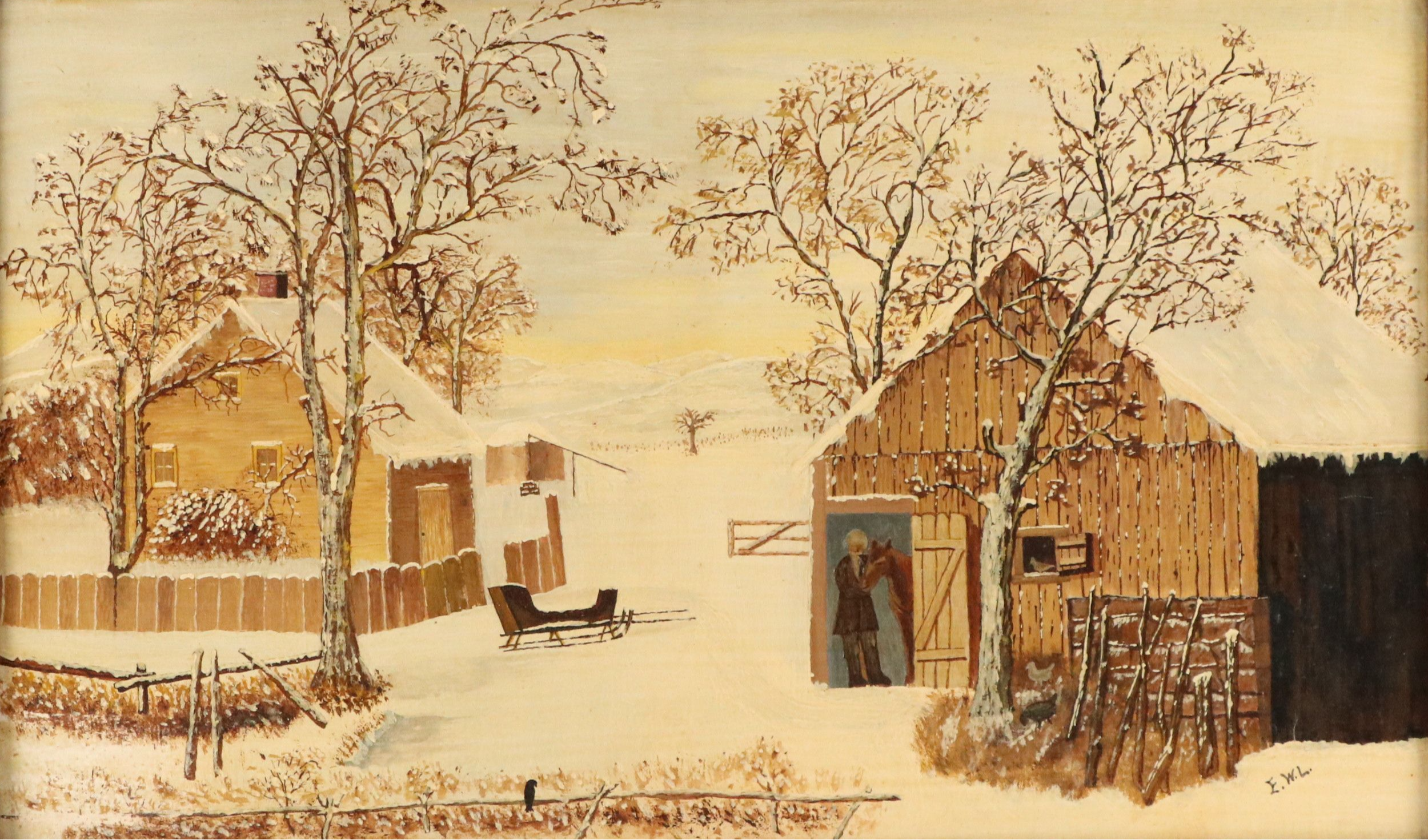 American School Folk Art Oil Painting of Winter Farm Scene, 20th ...