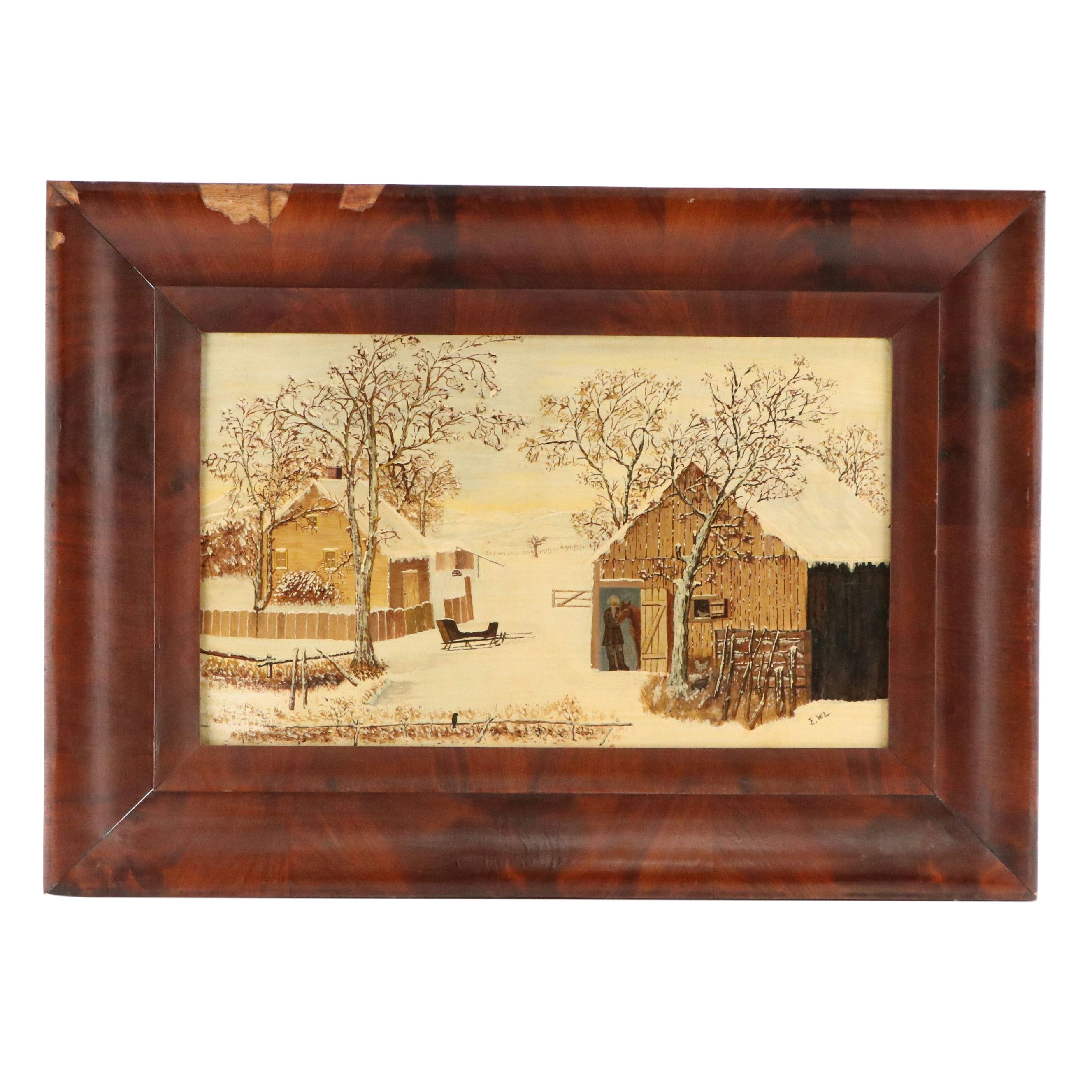American School Folk Art Oil Painting of Winter Farm Scene, 20th ...