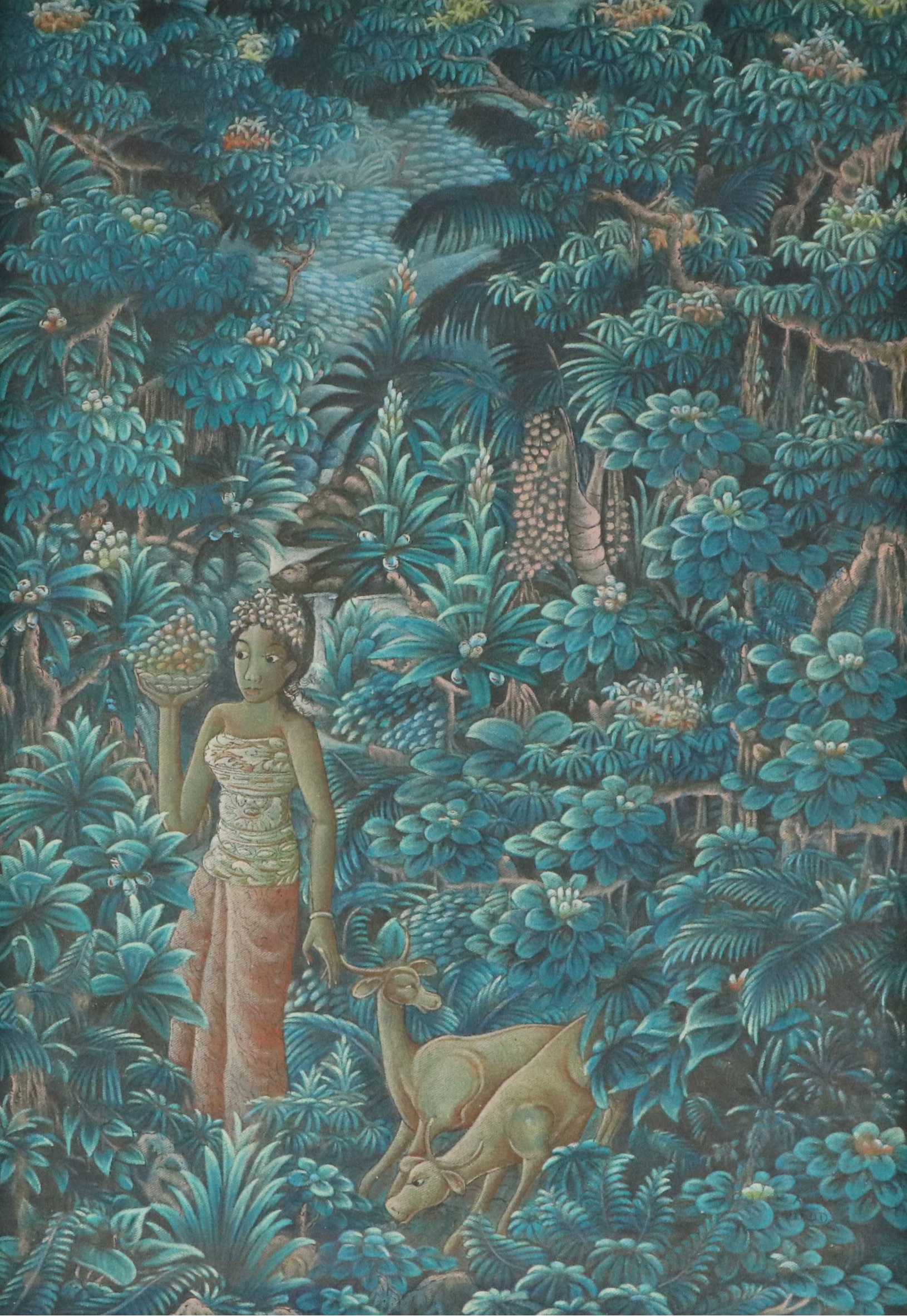 Balinese Style Oil Painting of Gopi with Cows in Lush Forest | EBTH