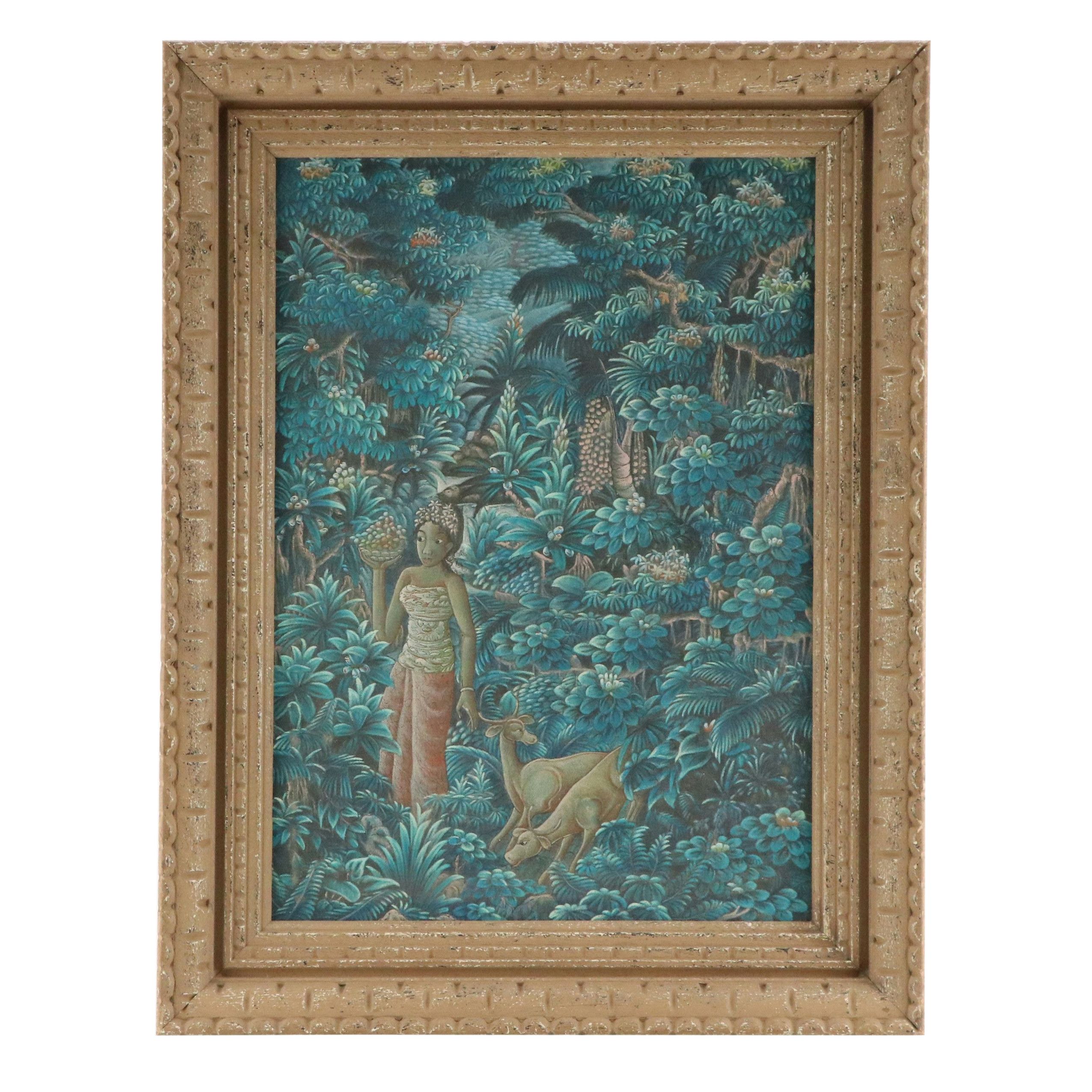 Balinese Style Oil Painting of Gopi with Cows in Lush Forest | EBTH