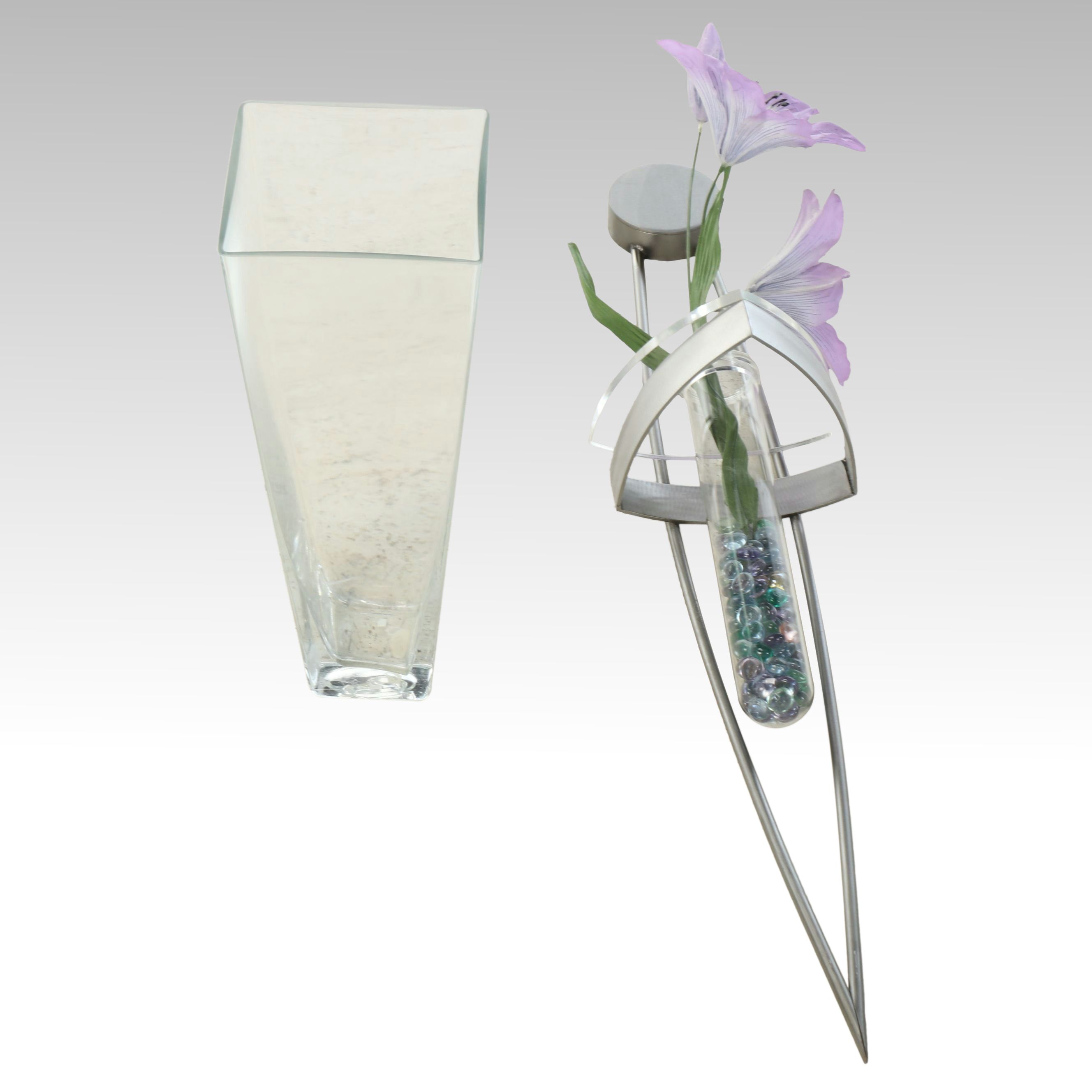 Modernist Style Wall Mount Vase with Faux Flower and Other Glass Vase ...