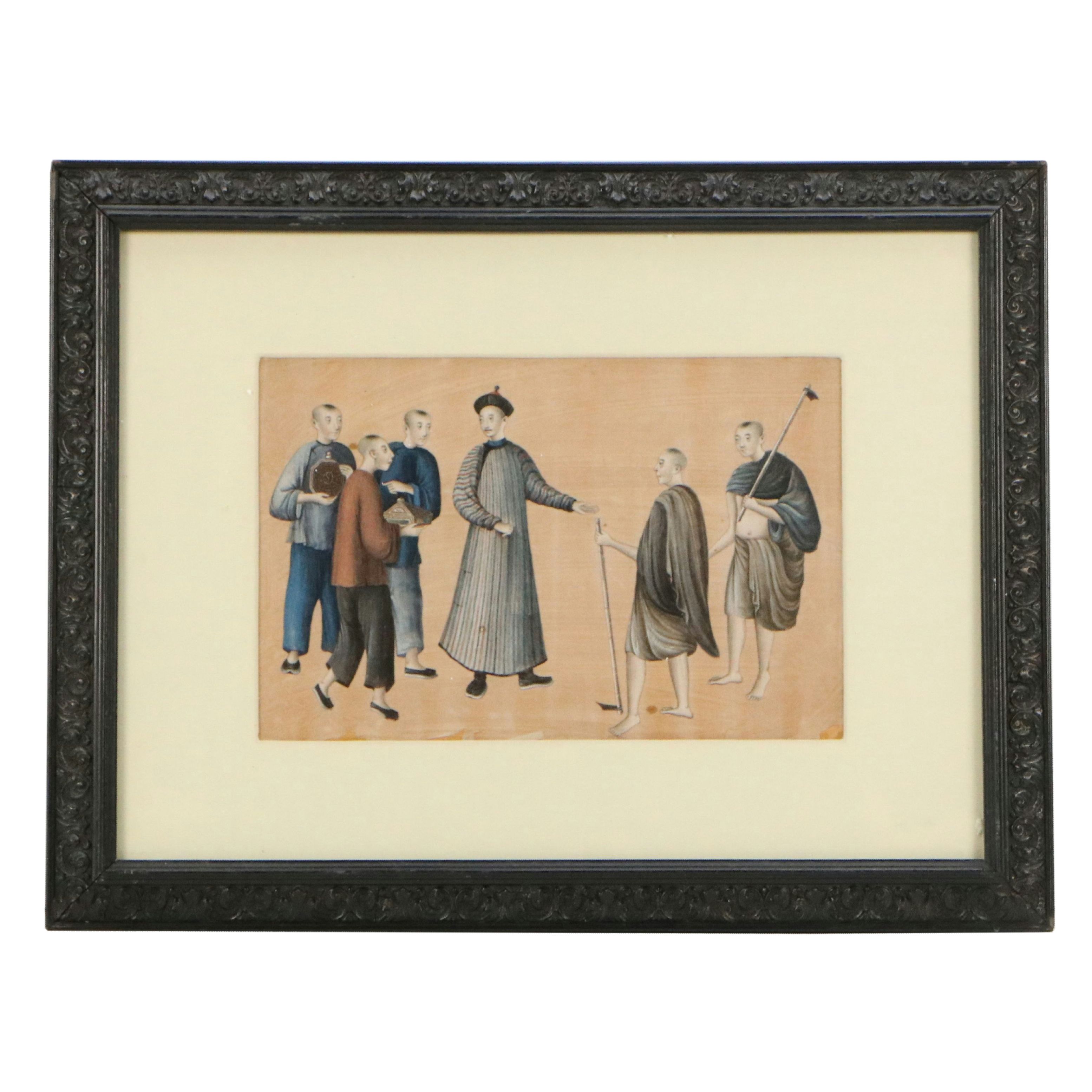 Chinese Pith Paper Painting of Conversing Figures, Mid to Late 19th ...