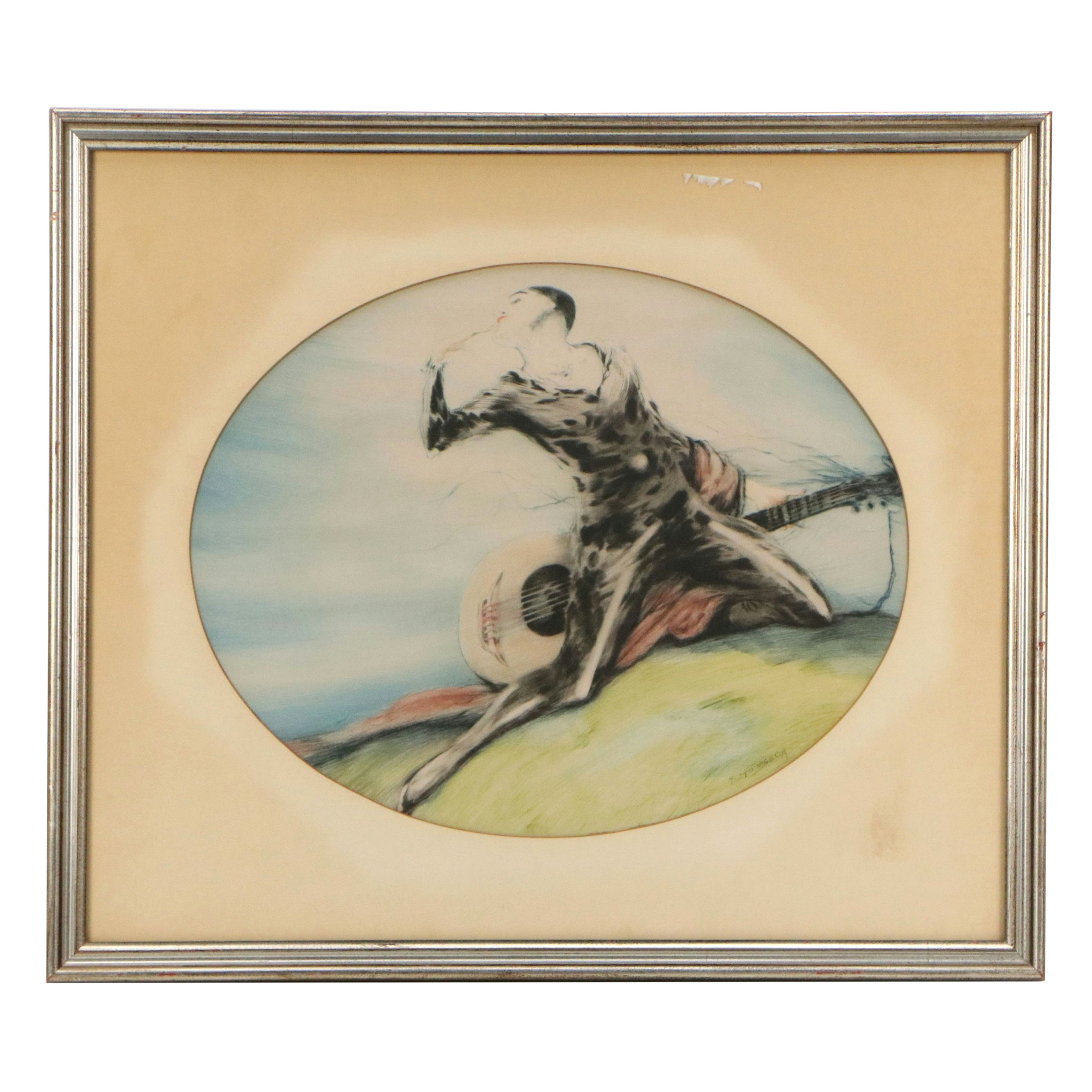 S. Tongeca Hand-Colored Etching of Musician or Performer, Mid to Late ...